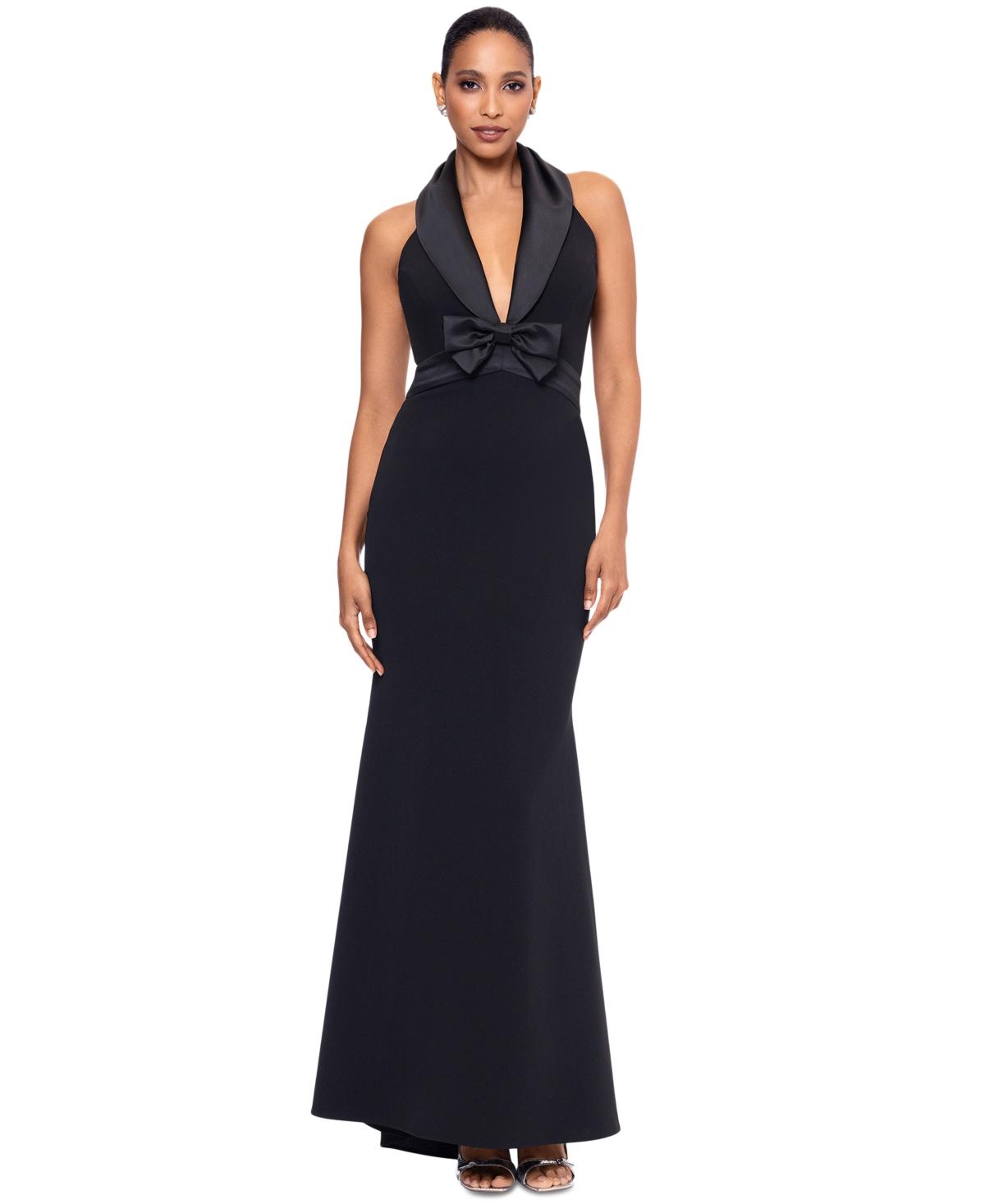 Betsy & Adam Bow-trim Shawl-collar Gown in Blue | Lyst