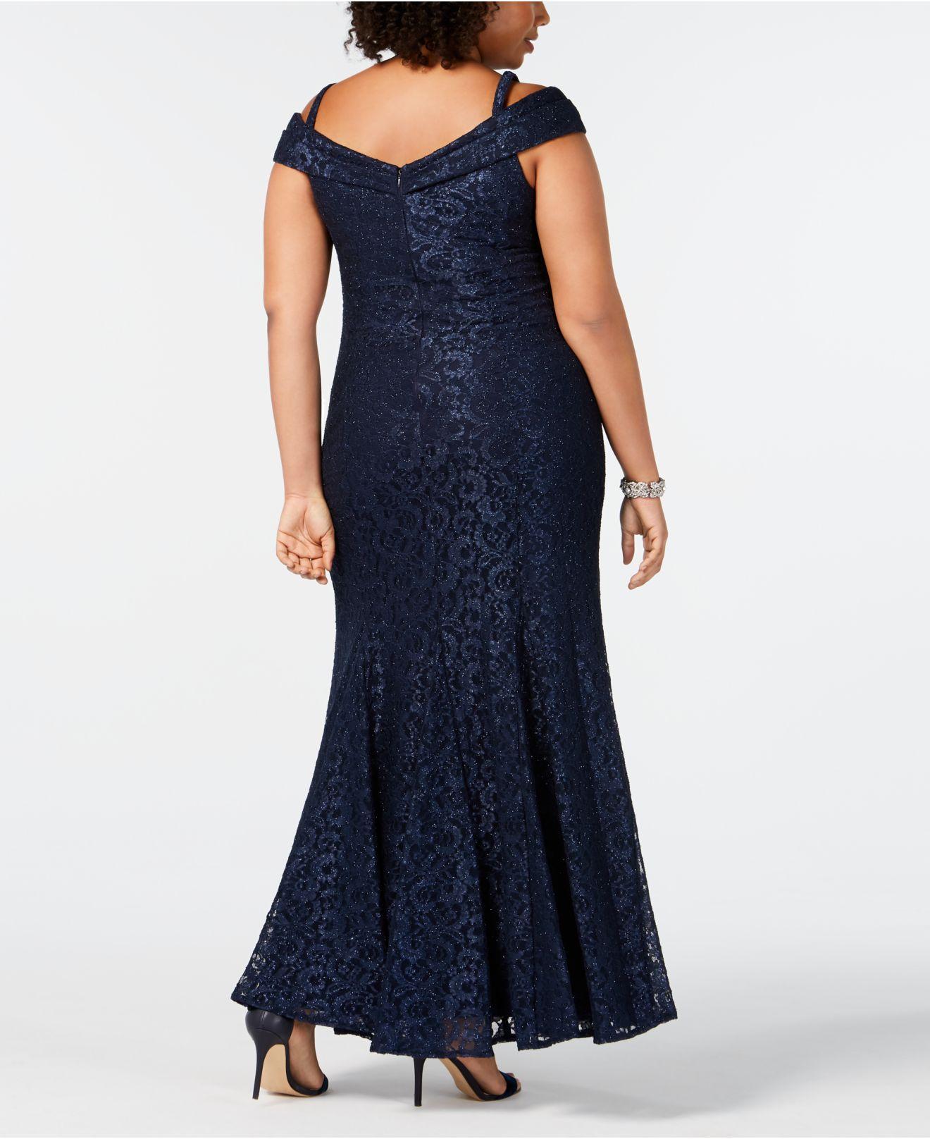 R And M Richards Plus Size Off The Shoulder Lace Gown In Navy Blue Lyst