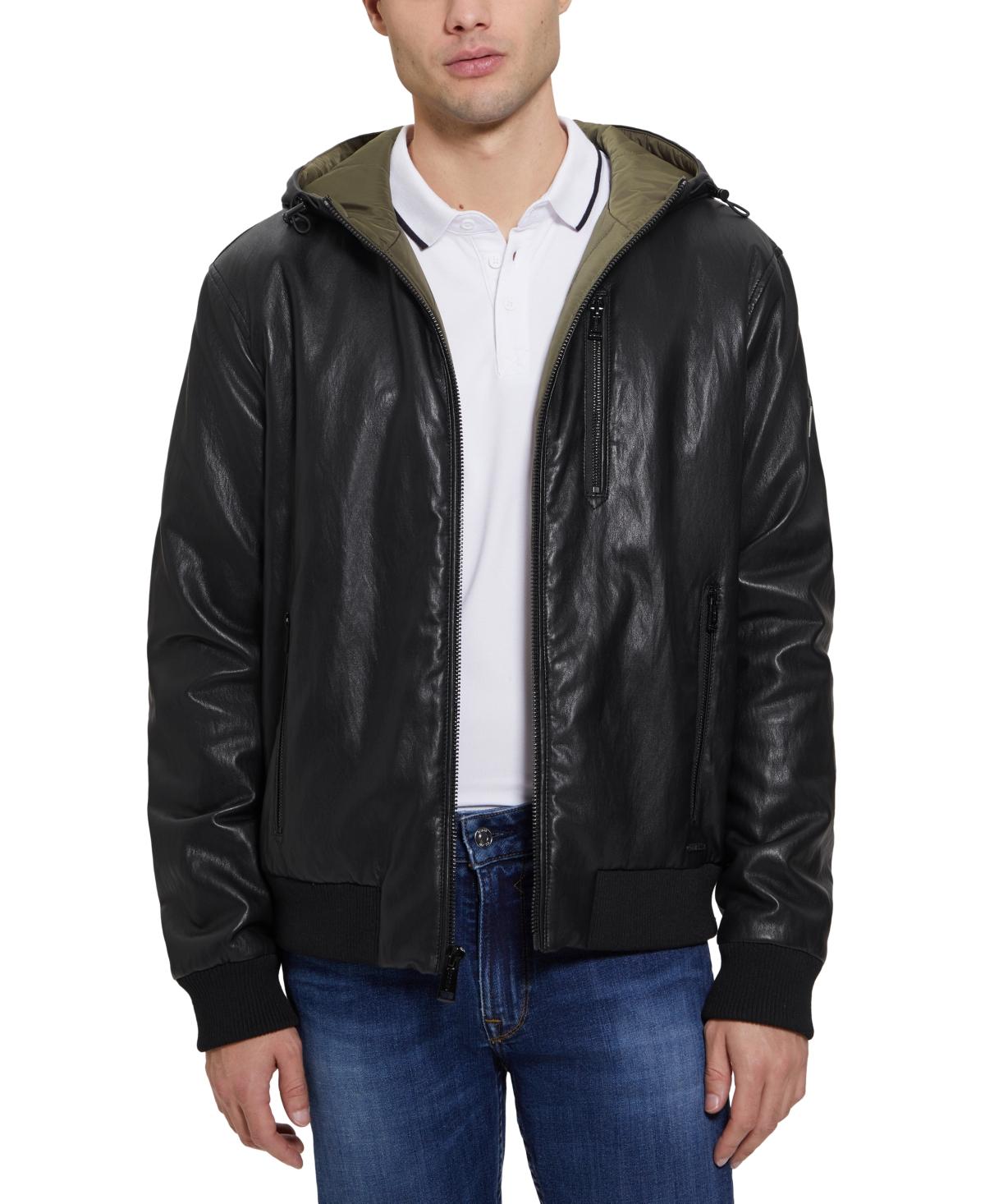 Guess Gary Faux Leather Hooded Jacket in Black for Men | Lyst