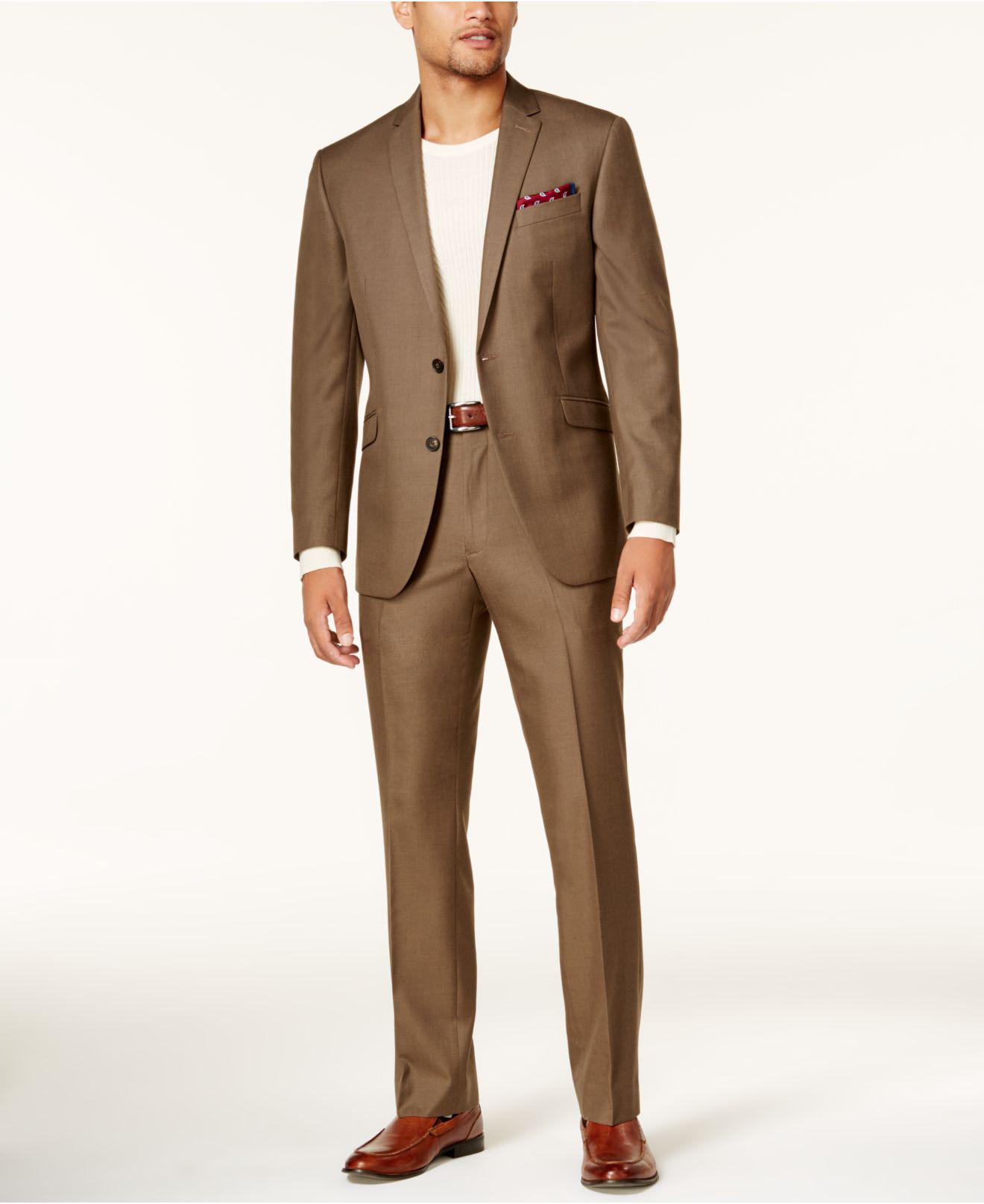 Kenneth Cole Reaction Synthetic Men's Slim-fit Brown Sharkskin Techni ...