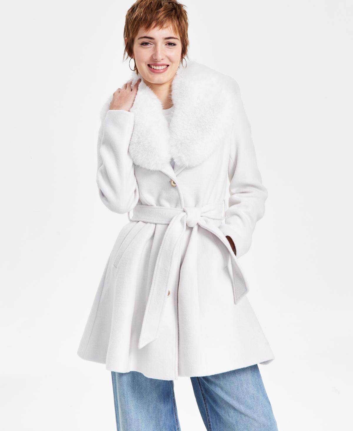 Guess Eve Faux-fur-collar Belted Coat in White | Lyst