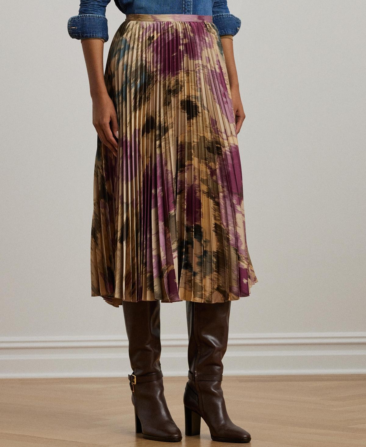 Ralph Lauren Pleated Satin Midi Skirt in Natural | Lyst