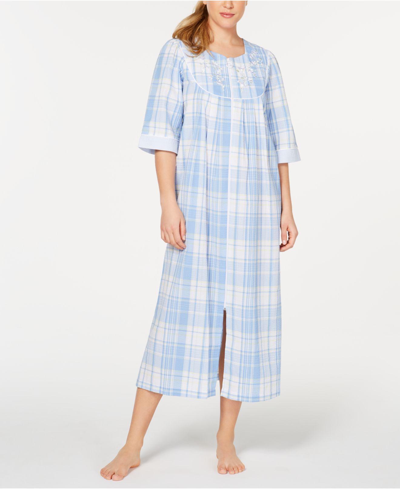 Miss Elaine Cotton Printed Flower-embroidery Seersucker Zip-up Robe in ...