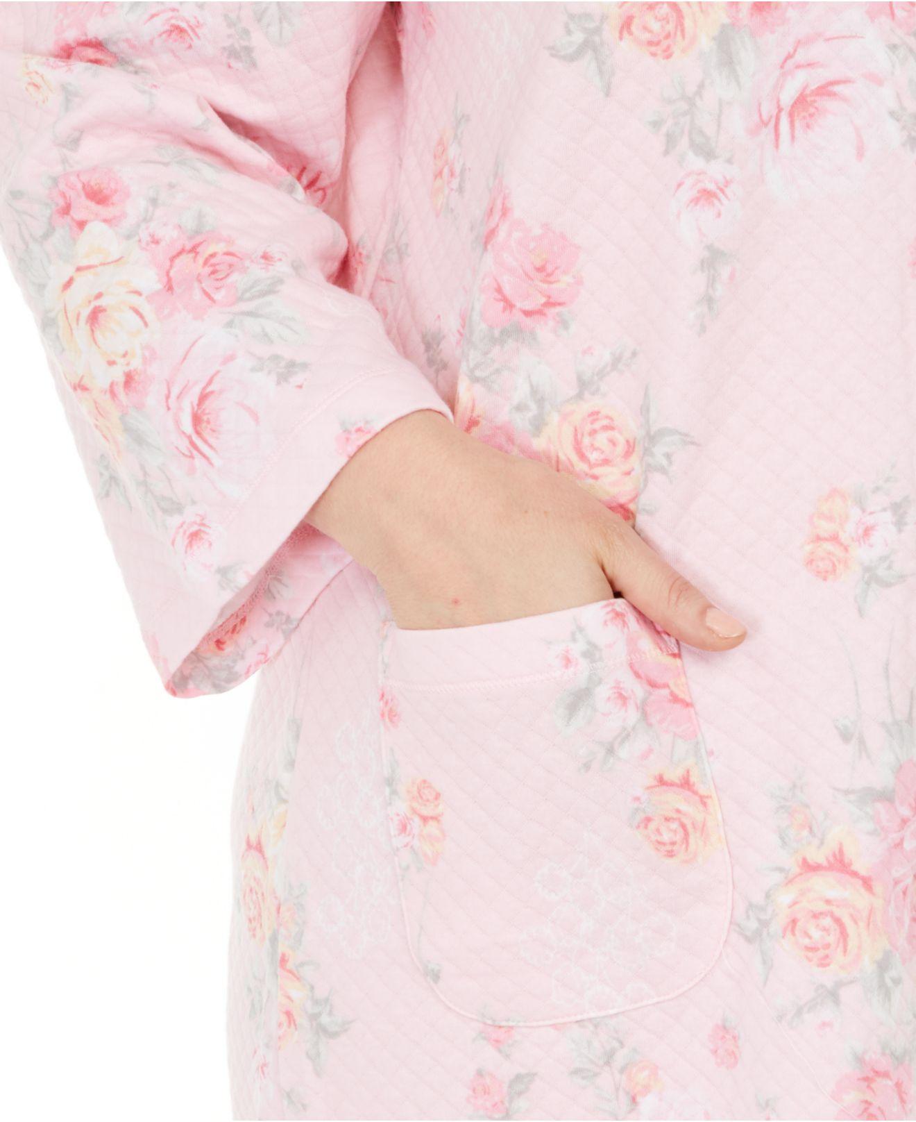 Miss Elaine Cotton Plus Size Floral Print Quilted Snap Robe In Pink Lyst
