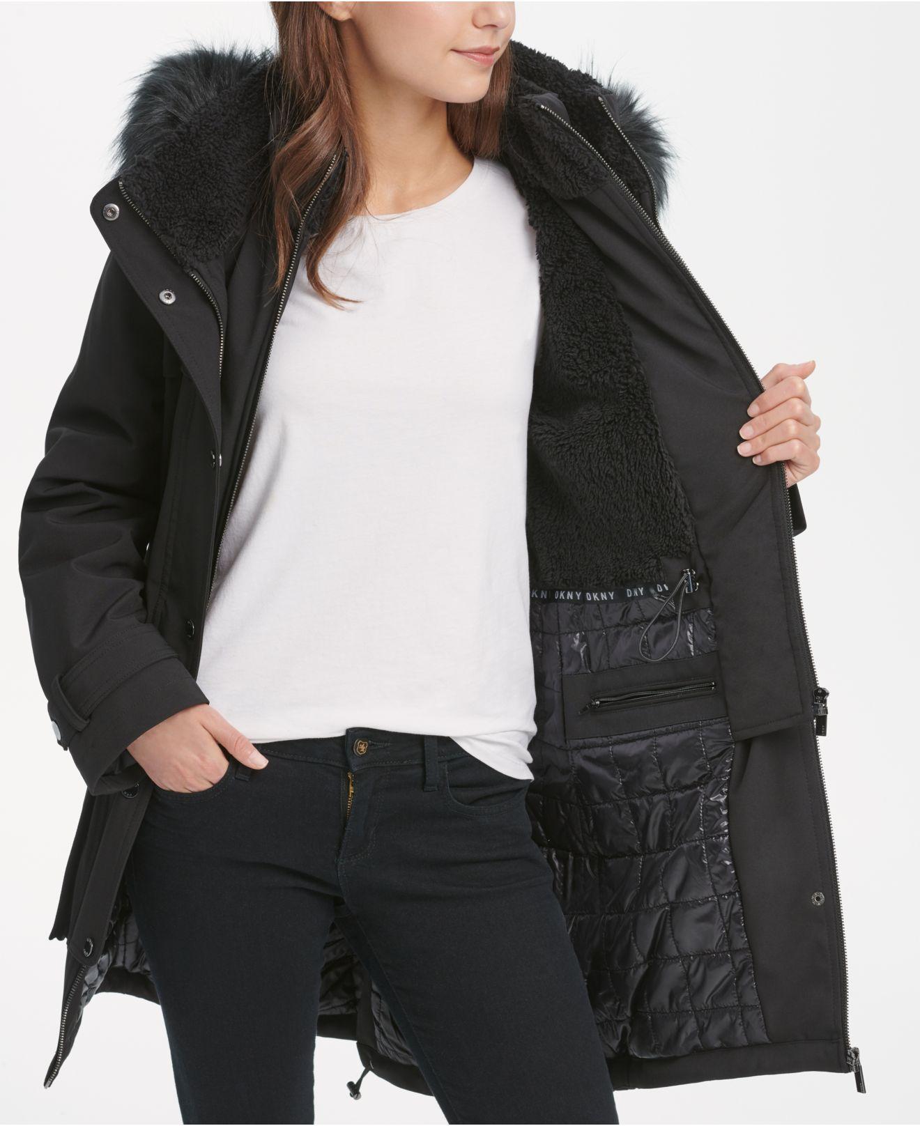 DKNY Faux-fur-trim Hooded Parka Coat in Black - Lyst