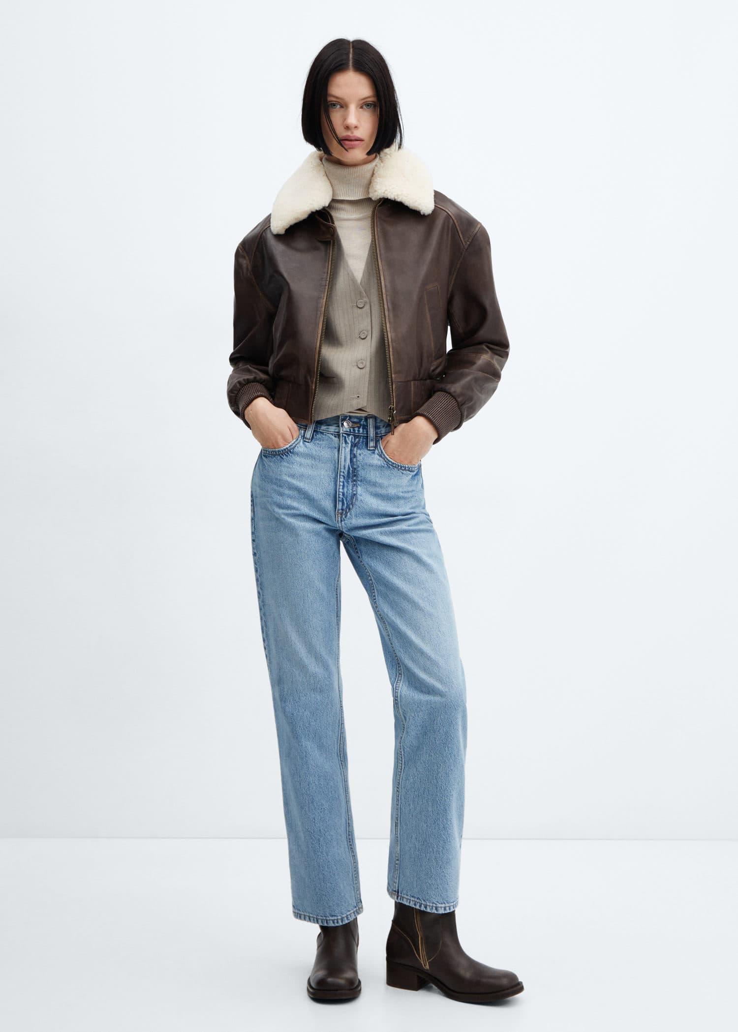 Mango Leather Bomber Jacket With Shearling Collar in Brown | Lyst UK