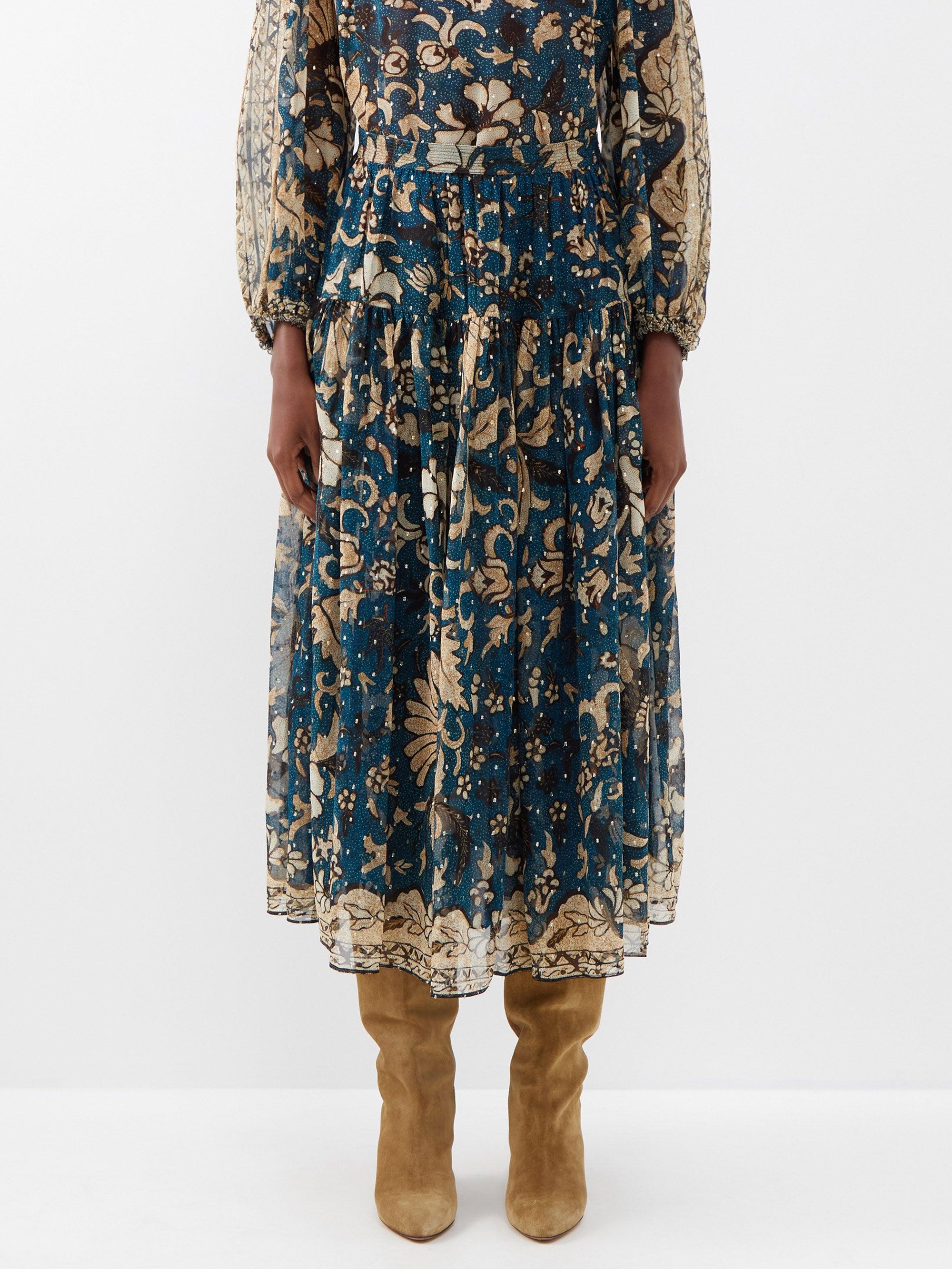Ulla Johnson Meja Floral Print Silk Chiffon Midi Skirt In Green Lyst