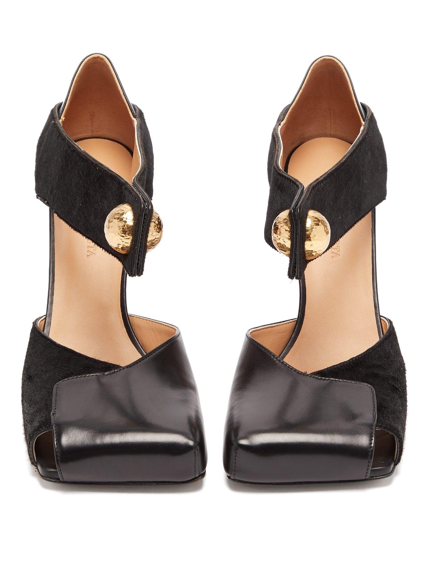 Bottega Veneta Square Toe Calf Hair And Leather Pumps In Black Gold