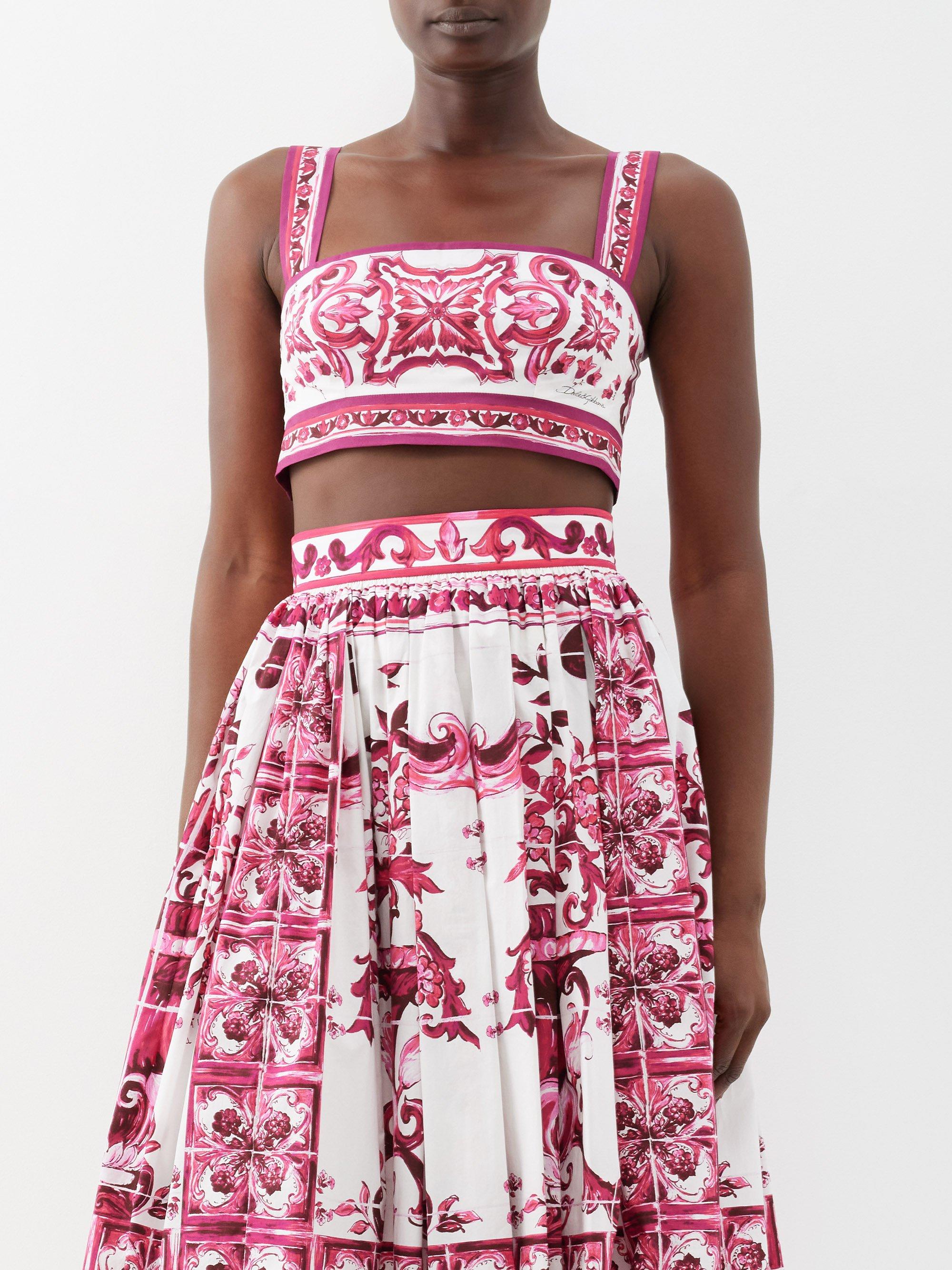 Dolce And Gabbana Majolica Print Cotton Poplin Cropped Top In Red Lyst