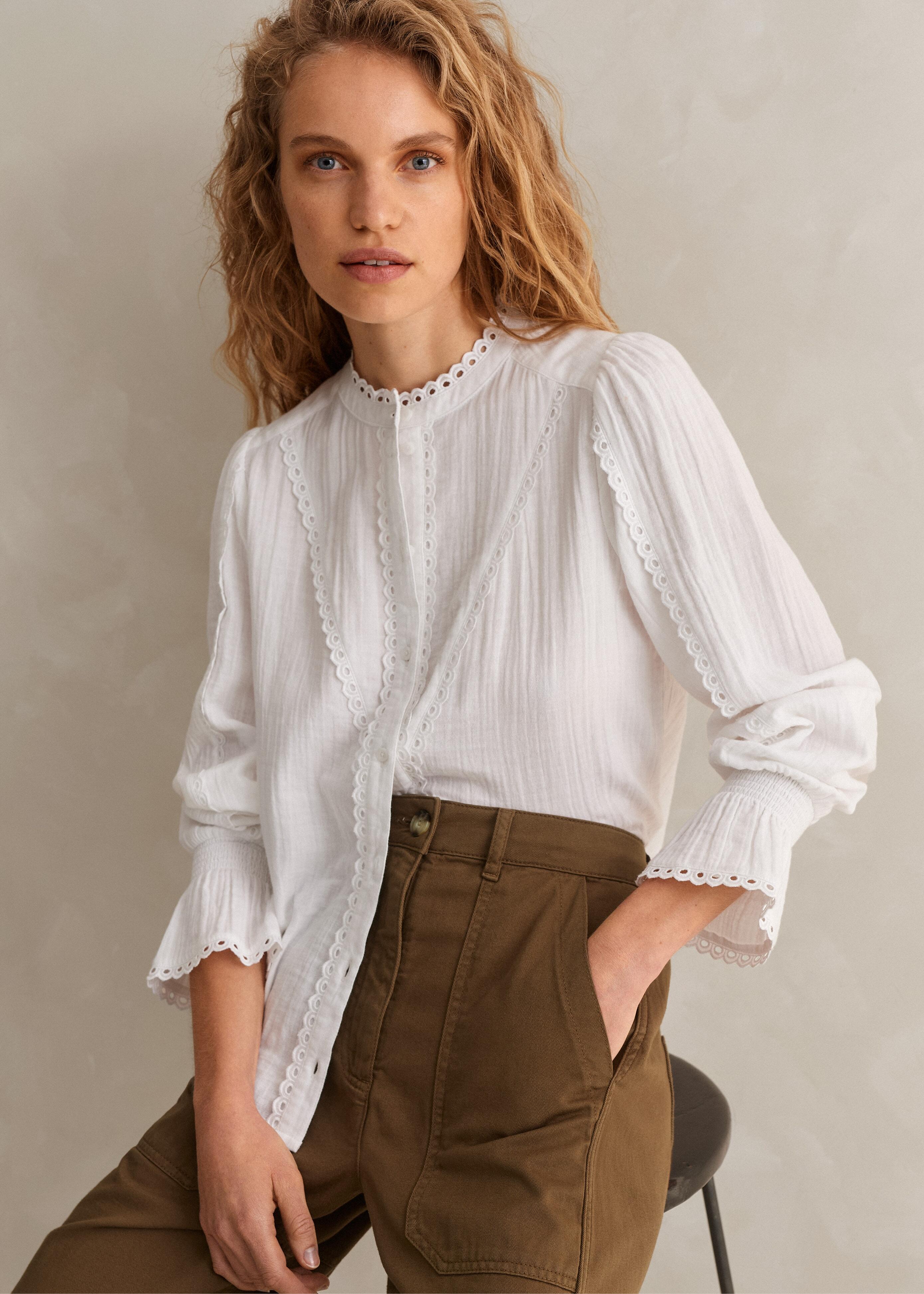 ME+EM Cheesecloth Broderie Trim Blouse in Gray | Lyst