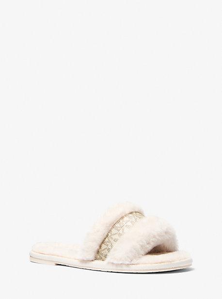Michael Kors Alexis Faux Fur And Metallic Signature Logo Slide Sandal ...