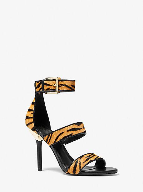 Michael Kors Amal Tiger Print Calf Hair Sandal in White | Lyst