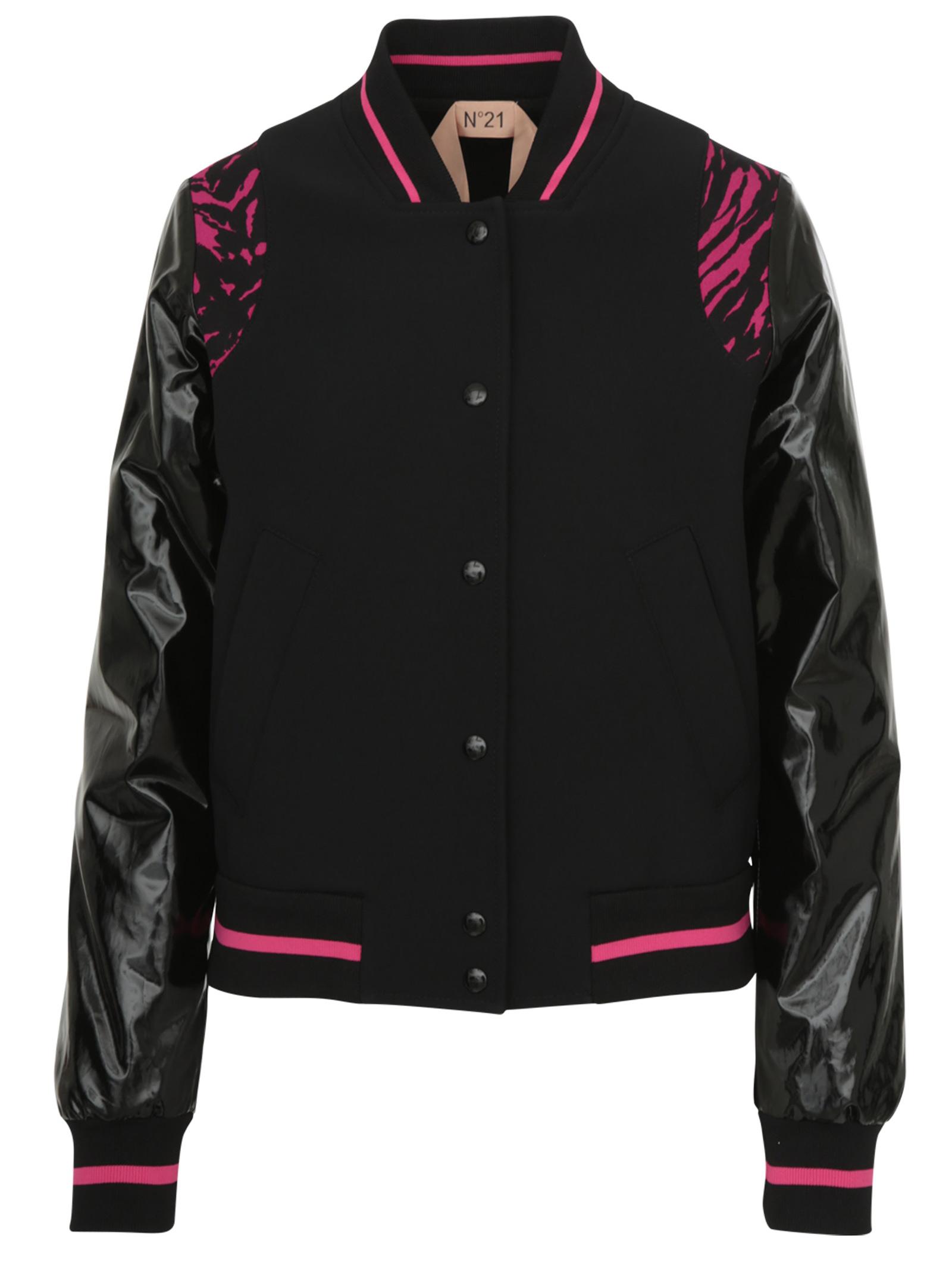 N°21 Denim Black Bomber Jacket With Neon Pink Zebra-striped Details On ...
