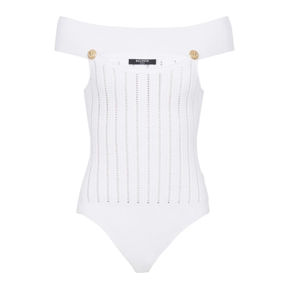 Balmain Openwork Knit Bodysuit in White | Lyst