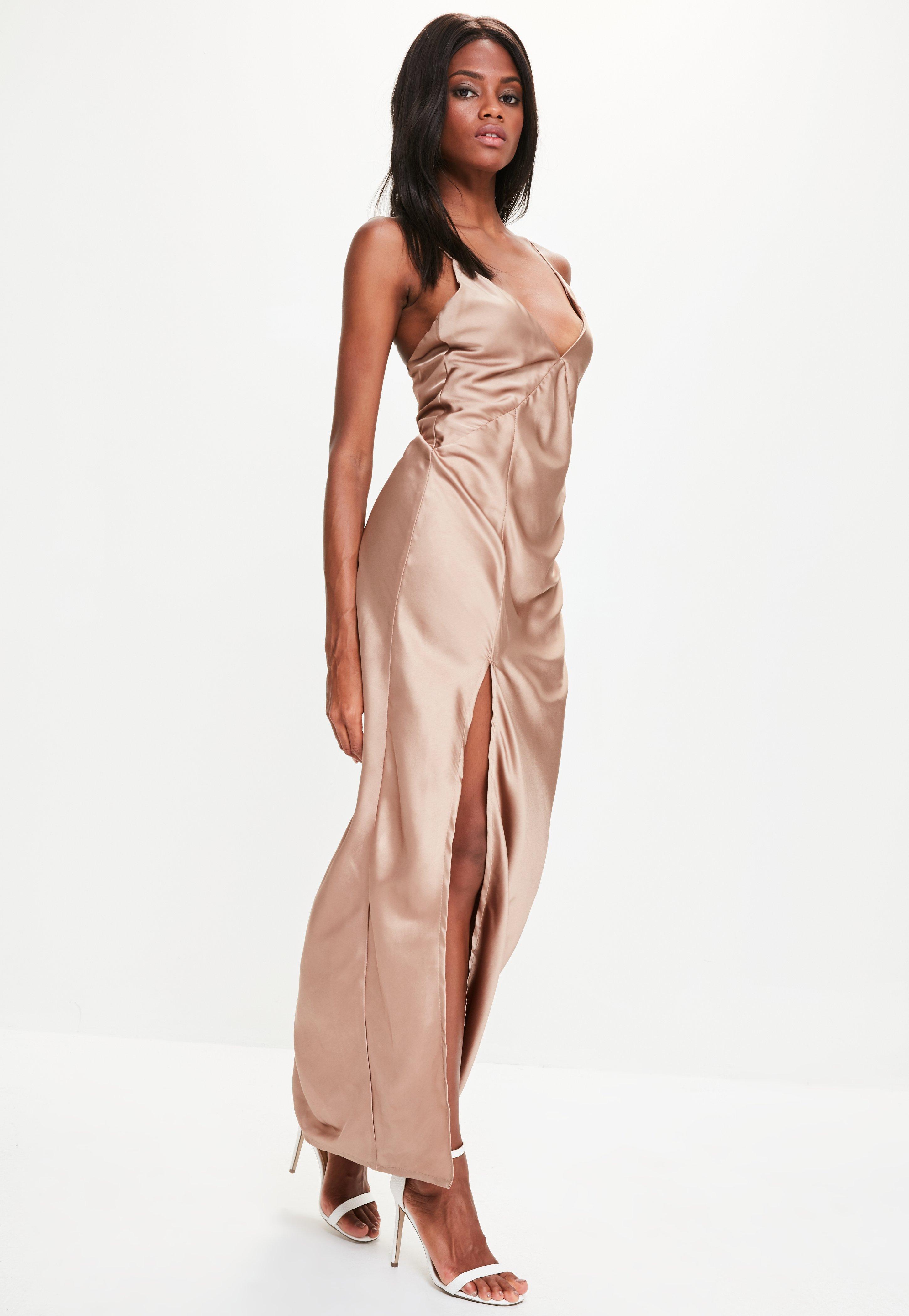 Missguided Gold Silky Plunge Maxi Dress In Metallic Lyst