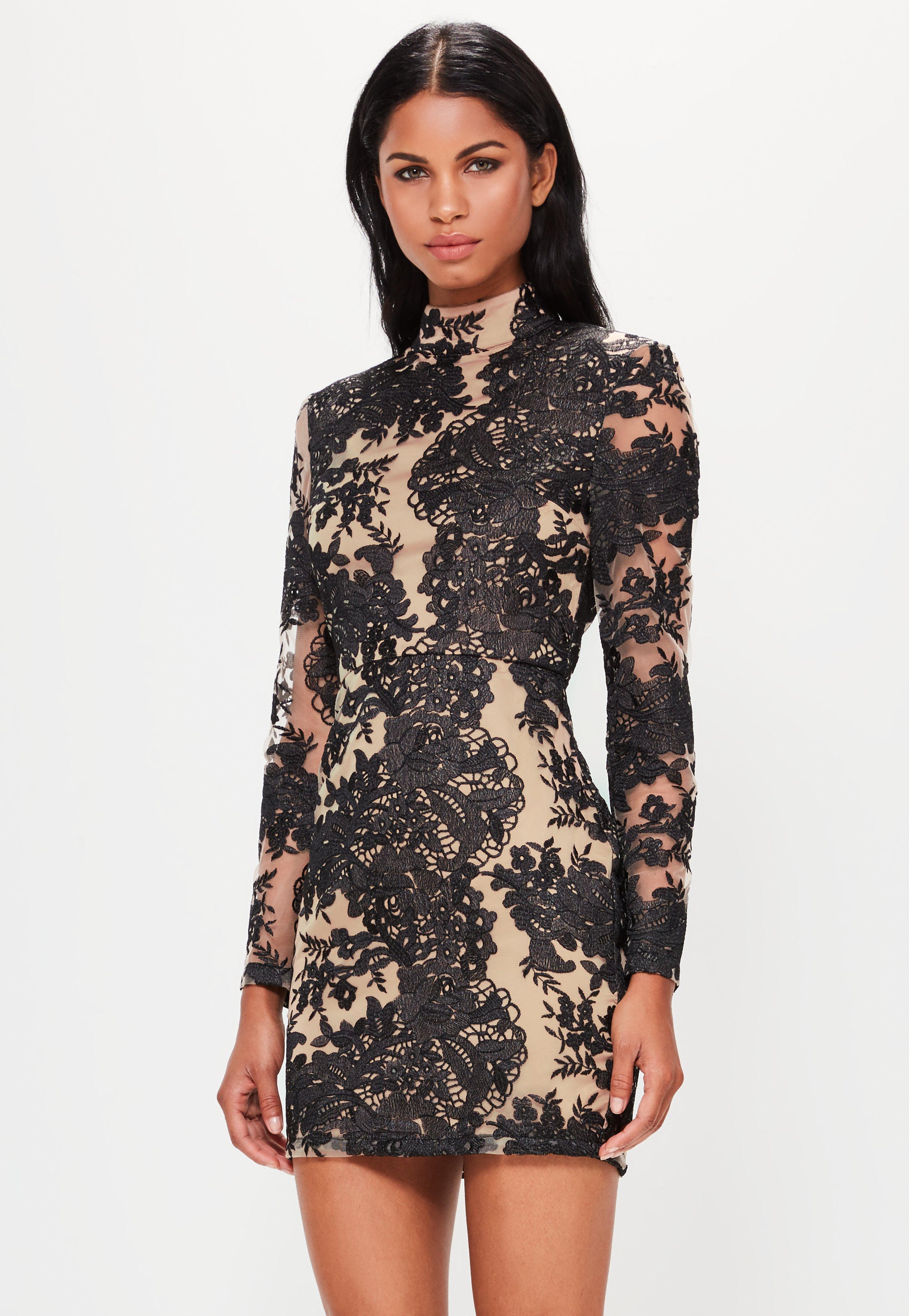 Missguided Peace Love Black High Neck Mesh Lace Bodycon Dress Lyst
