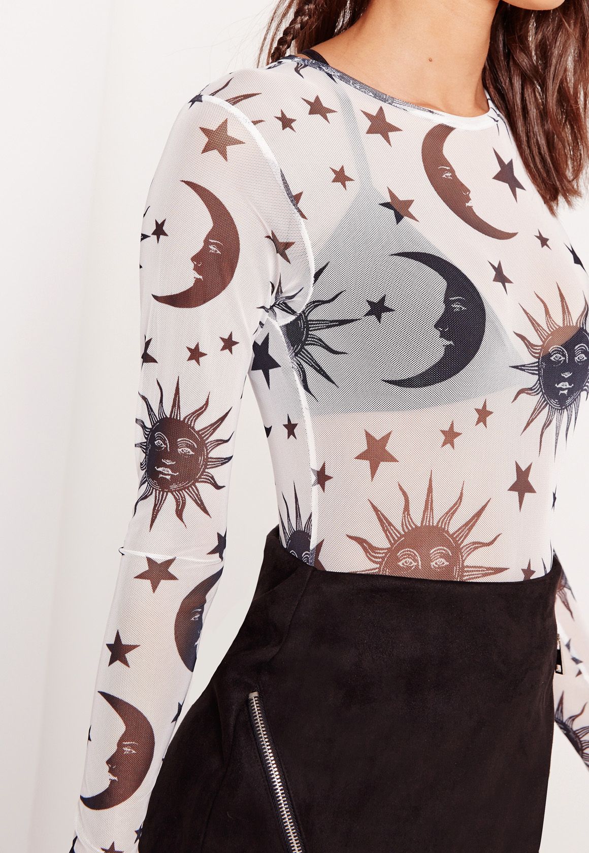 Missguided Denim Moon And Star Print Mesh Bodysuit White Lyst