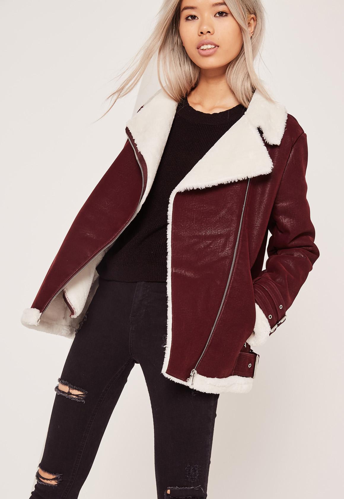 Lyst Missguided Faux Fur Lined Aviator Jacket Burgundy