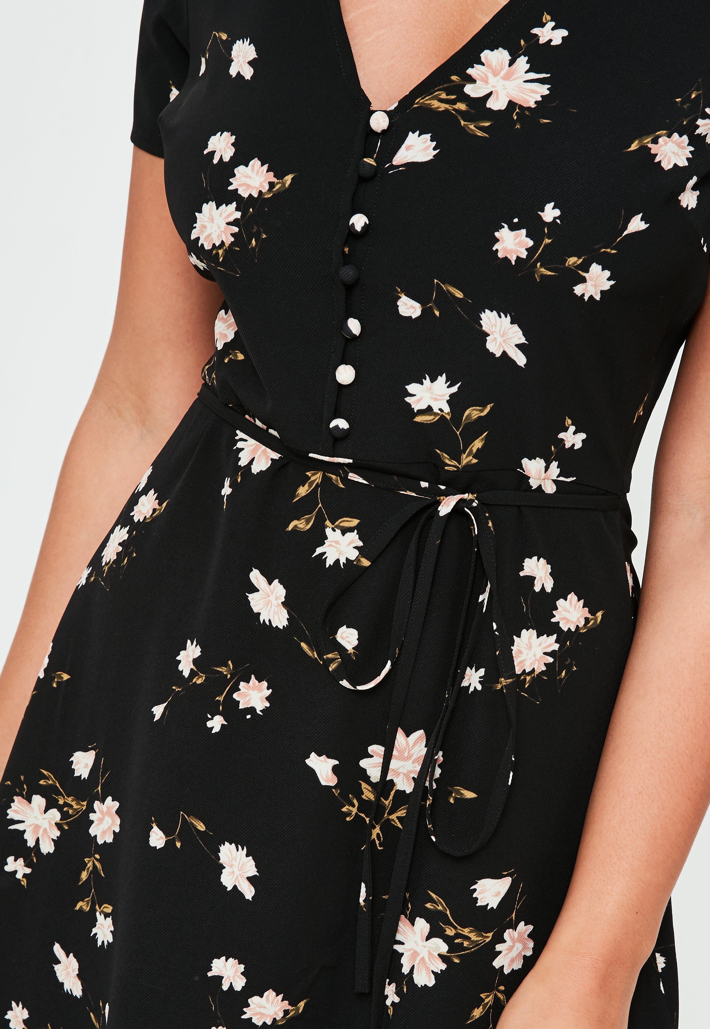Lyst - Missguided Black Printed Short Sleeve Tie Waist Tea Dress in Black Lyst - Missguided Black Printed Short Sleeve Tie Waist Tea Dress in Black