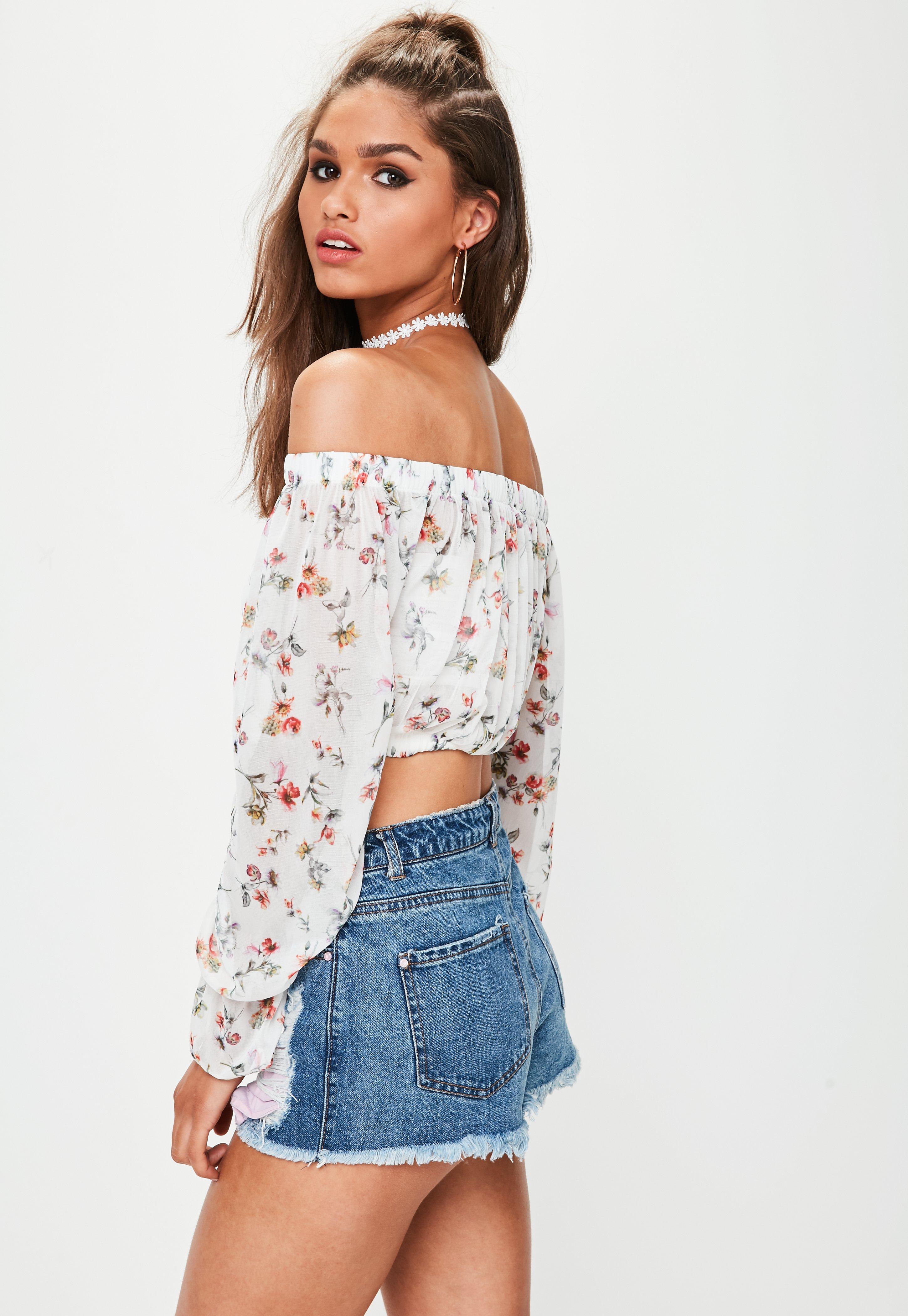 Lyst Missguided White Floral Print Mesh Bardot Crop Top In White