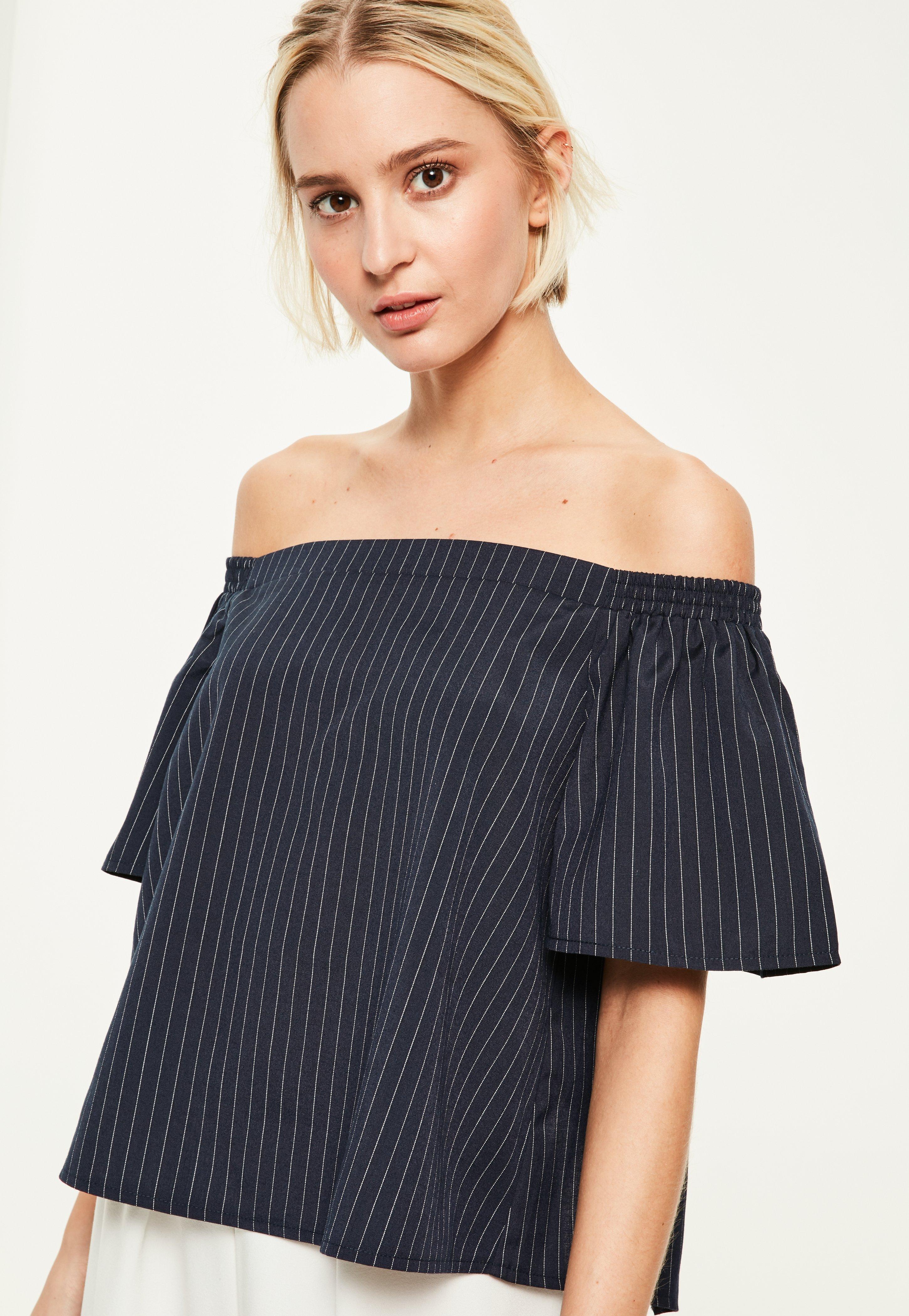 Lyst - Missguided Blue Split Back Pinstripe Bardot Top in Blue