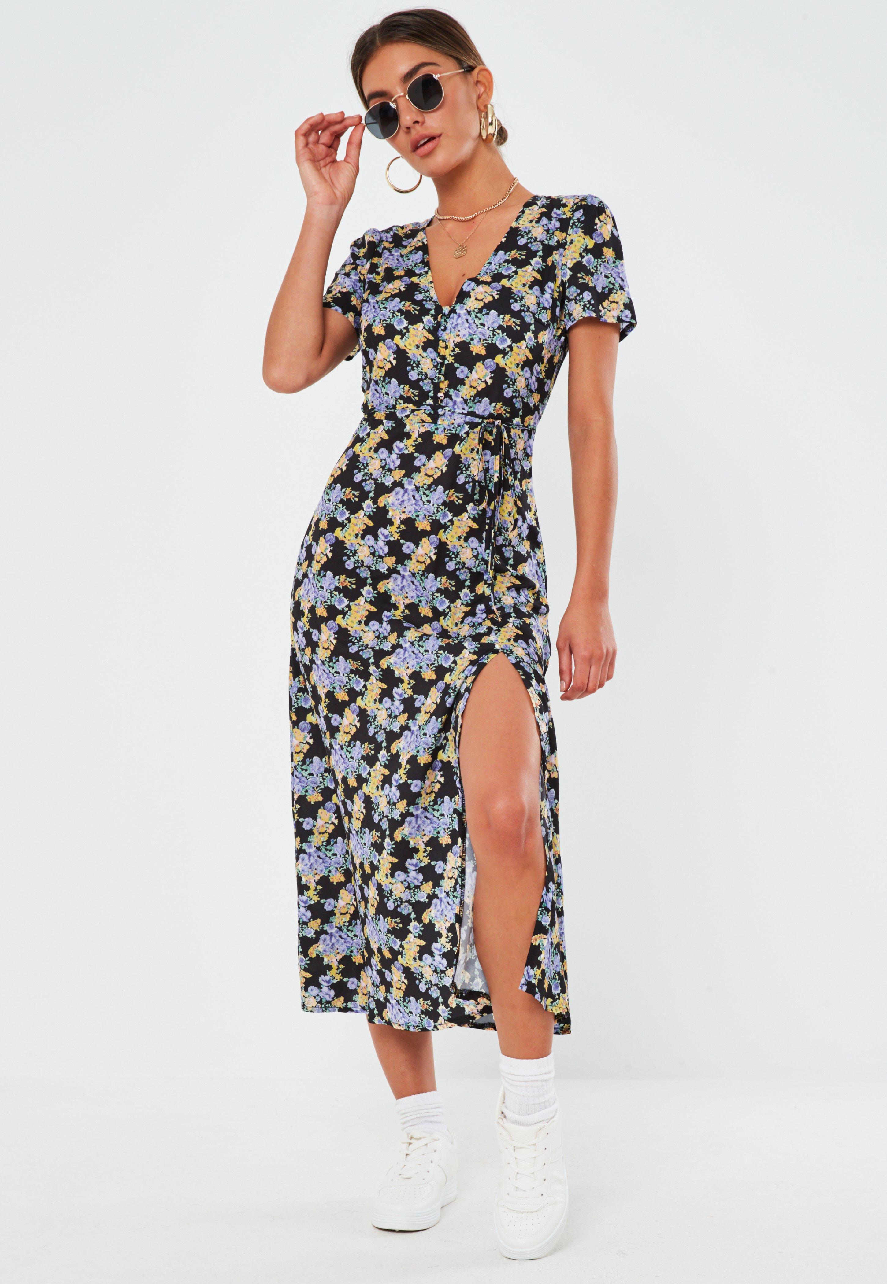 Buy Black Floral Half Button Midi Tea Dress Off 71