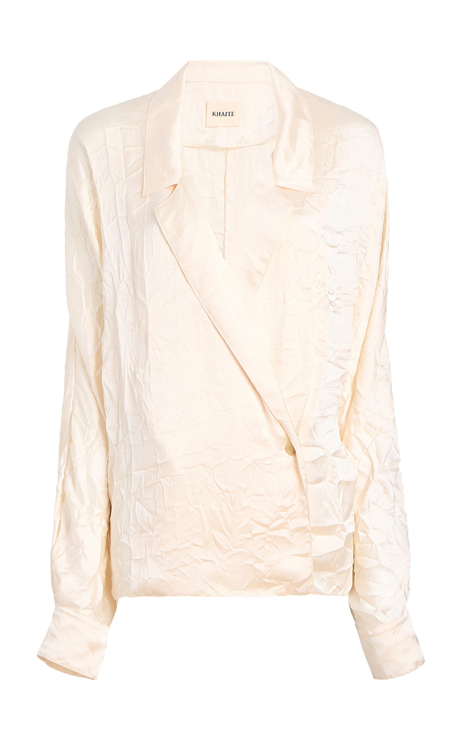 Khaite Garth Wrap-front Satin Blouse in Natural | Lyst