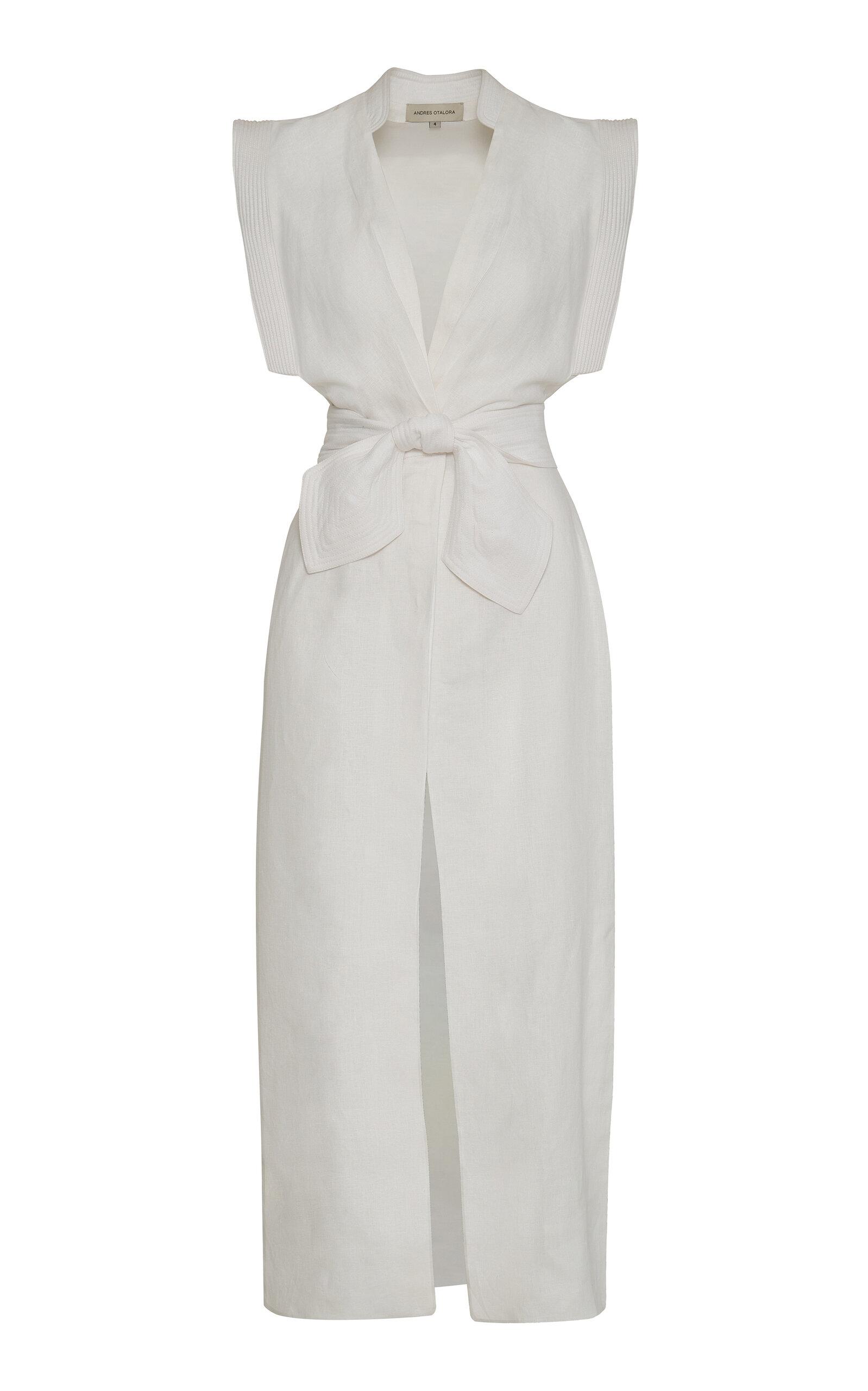 ANDRES OTALORA Aguila Tie-detailed Linen Midi Dress in White | Lyst UK