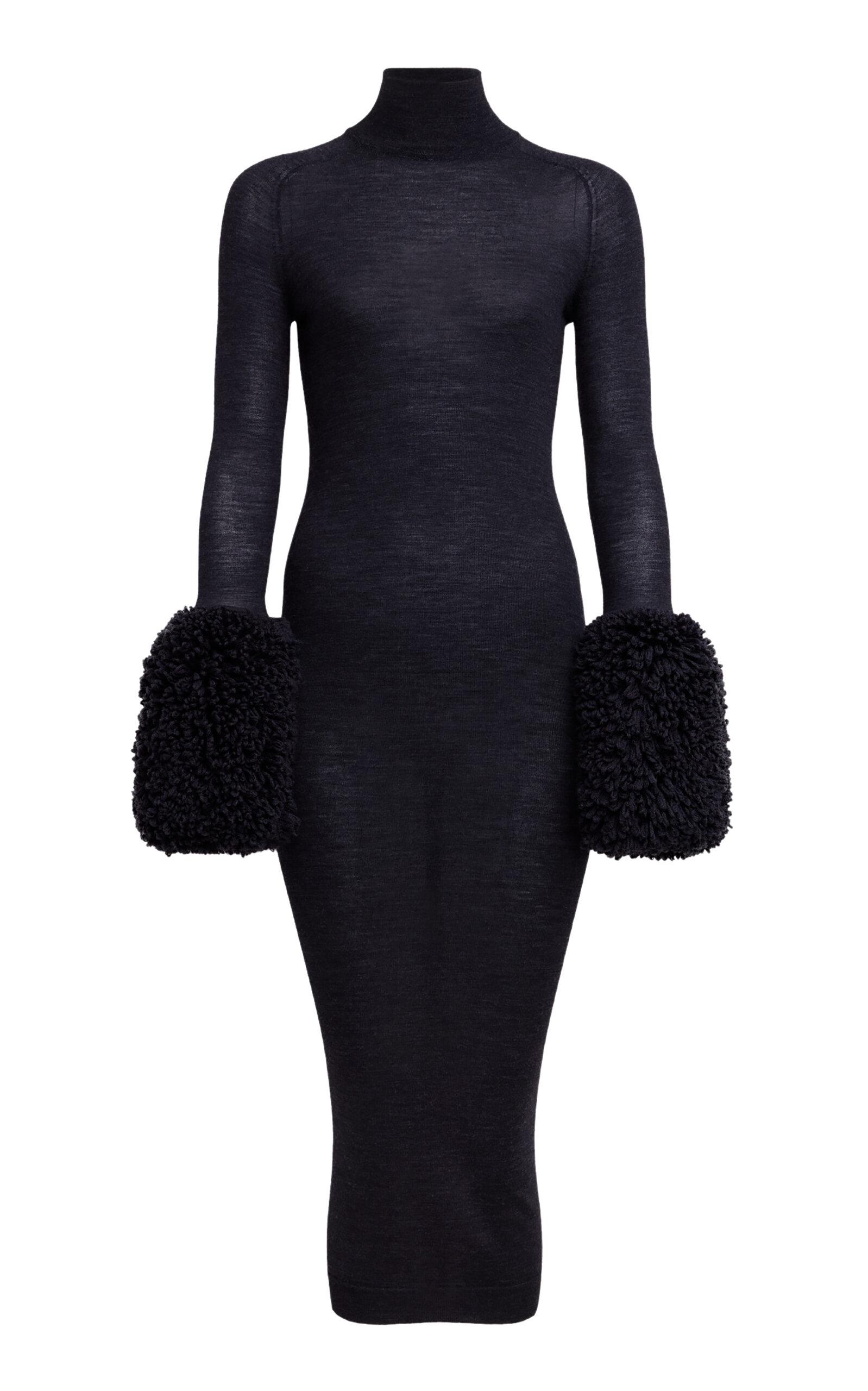 Alaïa Shearling-trimmed Wool-jersey Midi Dress in Black | Lyst