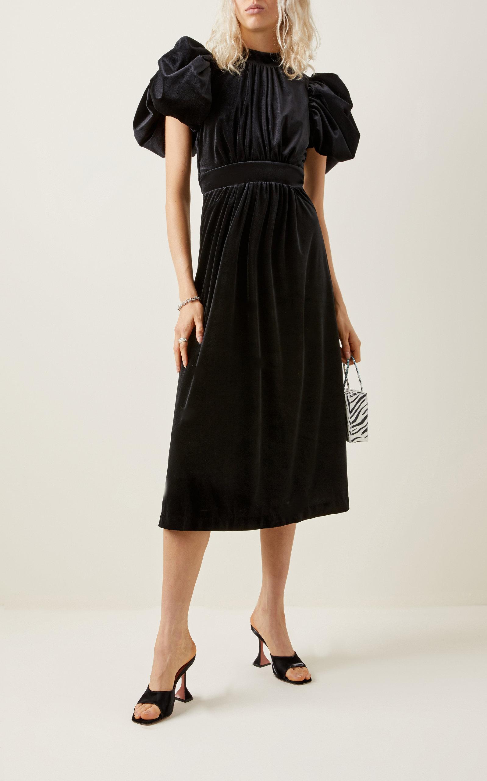 ROTATE BIRGER CHRISTENSEN Noon Puff-sleeve Velvet Midi Dress ROTATE BIRGER CHRISTENSEN Noon Puff-sleeve Velvet Midi Dress