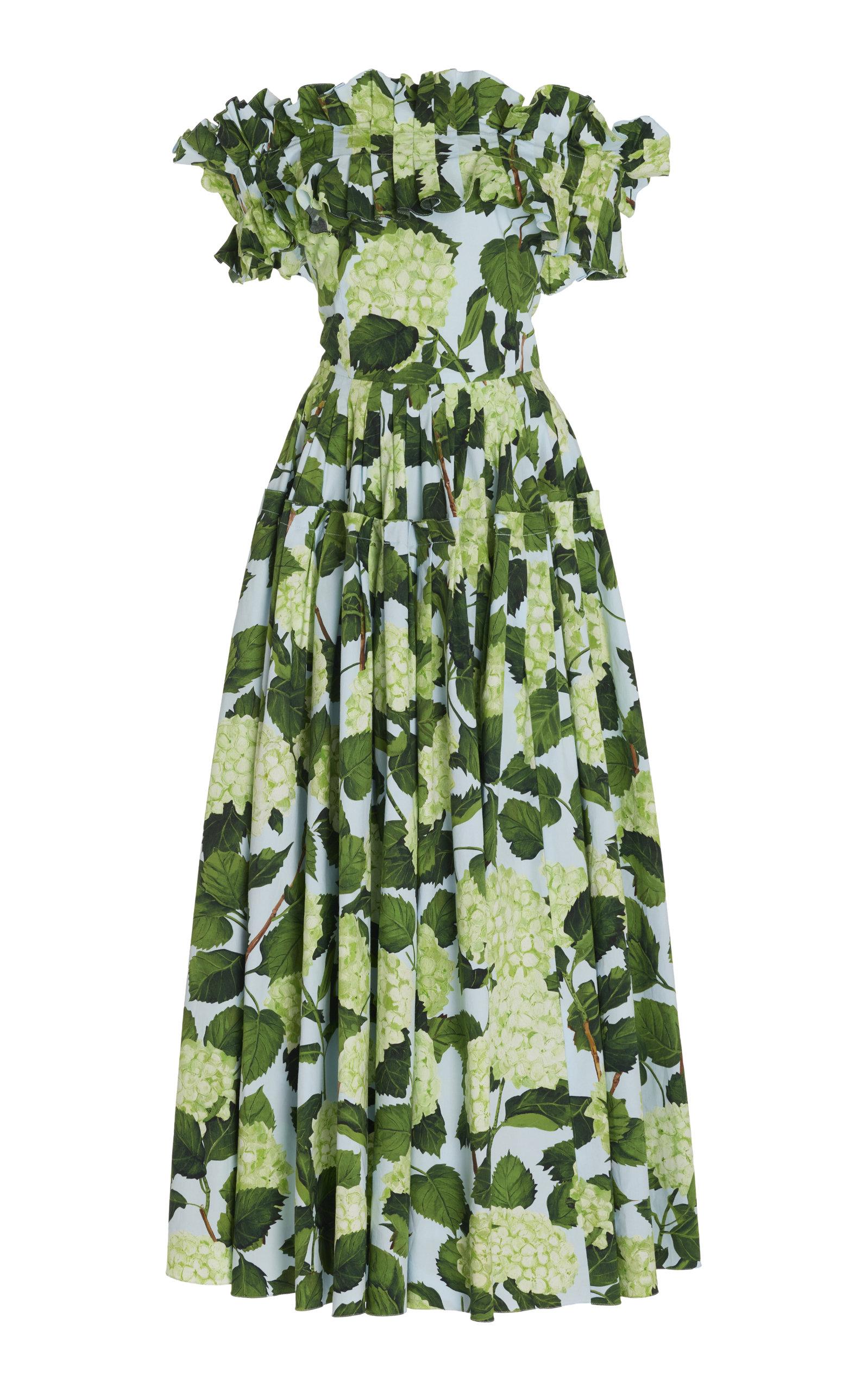 Oscar De La Renta Off The Shoulder Hydrangea Ruffled Cotton Maxi Dress