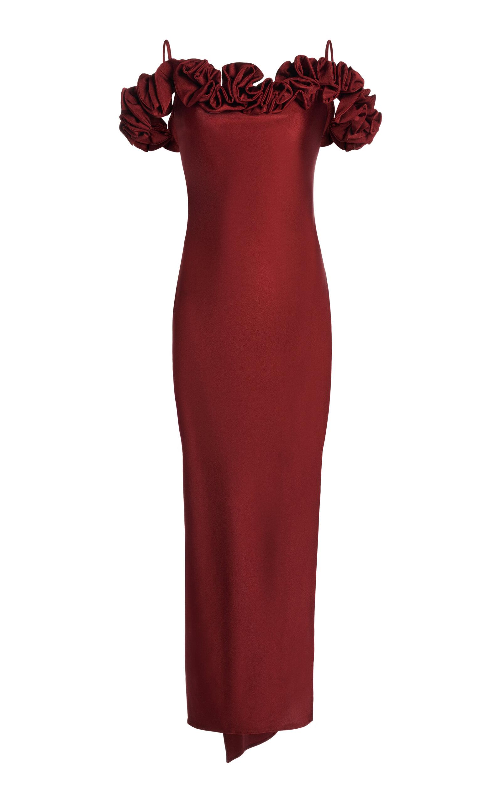 Coperni Rosette-detailed Off-the-shoulder Satin Maxi Dress in Red | Lyst