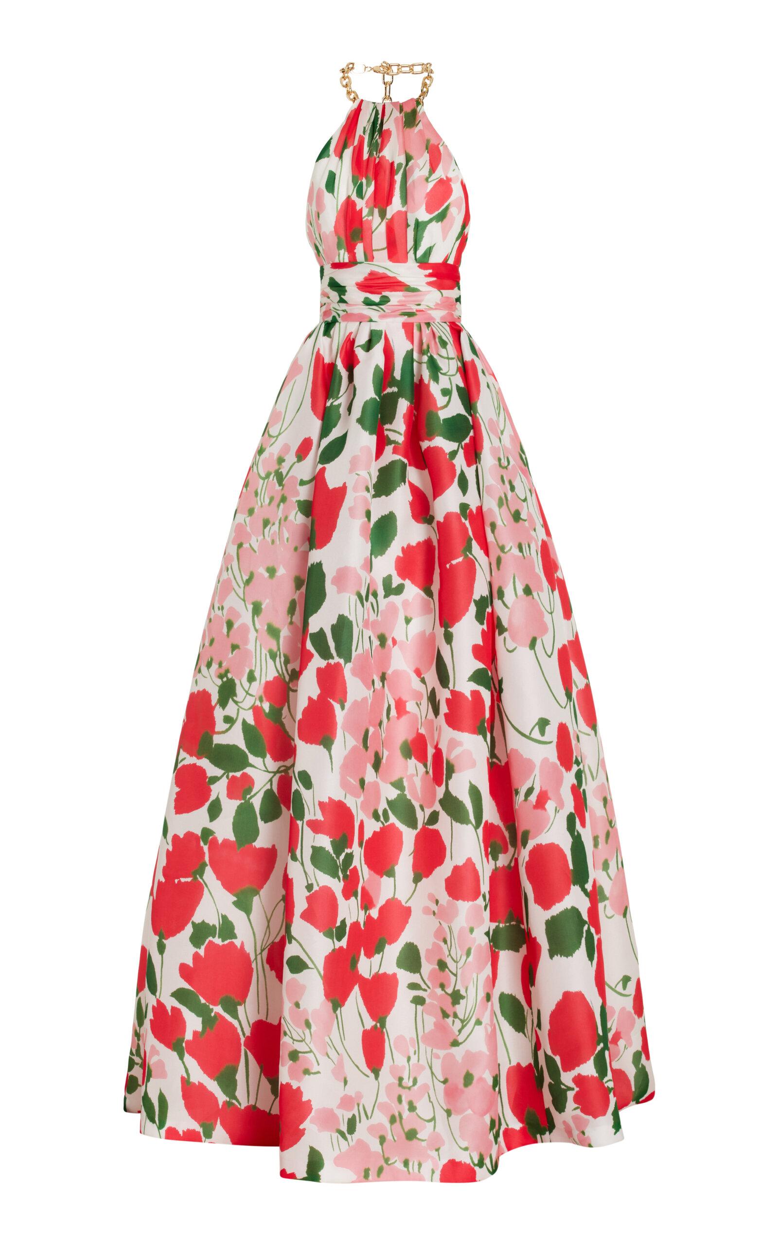 Carolina Herrera Chain-detailed Floral Silk Gazar Gown in Red | Lyst