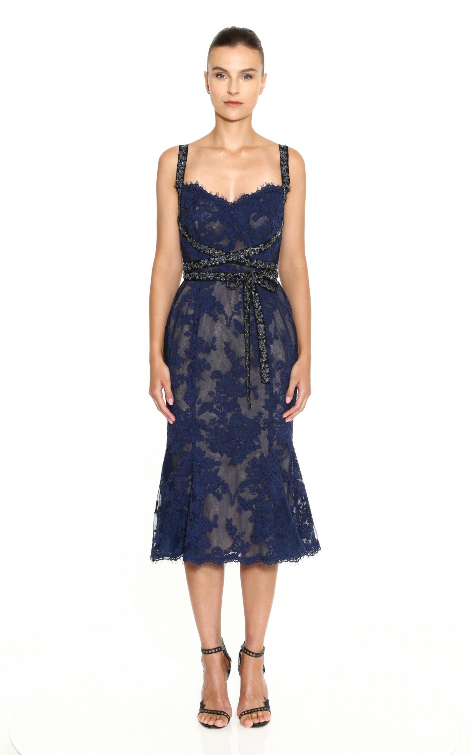Marchesa Leavers Lace Bow-embellished Dress in Blue - Lyst