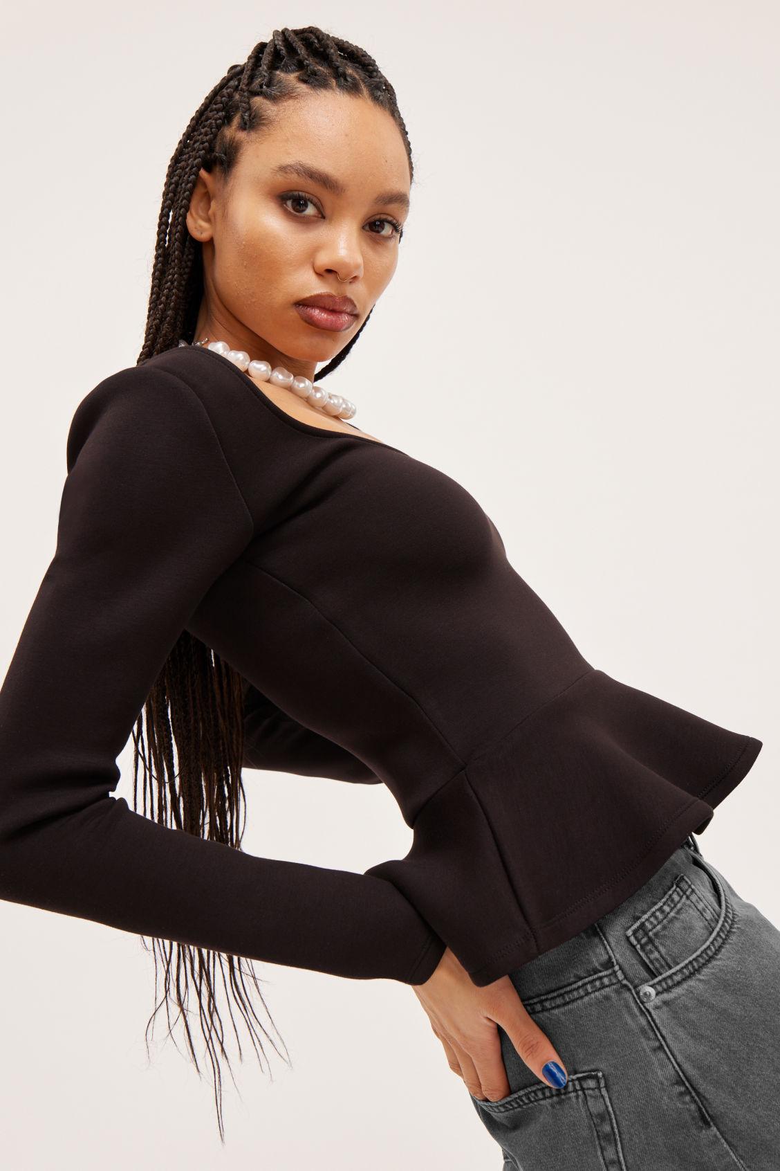 Monki Slim Fit Long Sleeve Peplum Top in Black Lyst UK