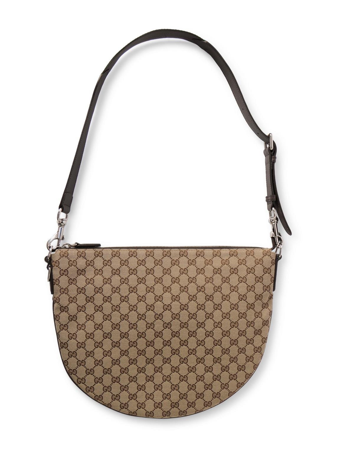 Gucci B Full Grain Leather-Trimmed Monogrammed Canvas Messenger Bag in ...