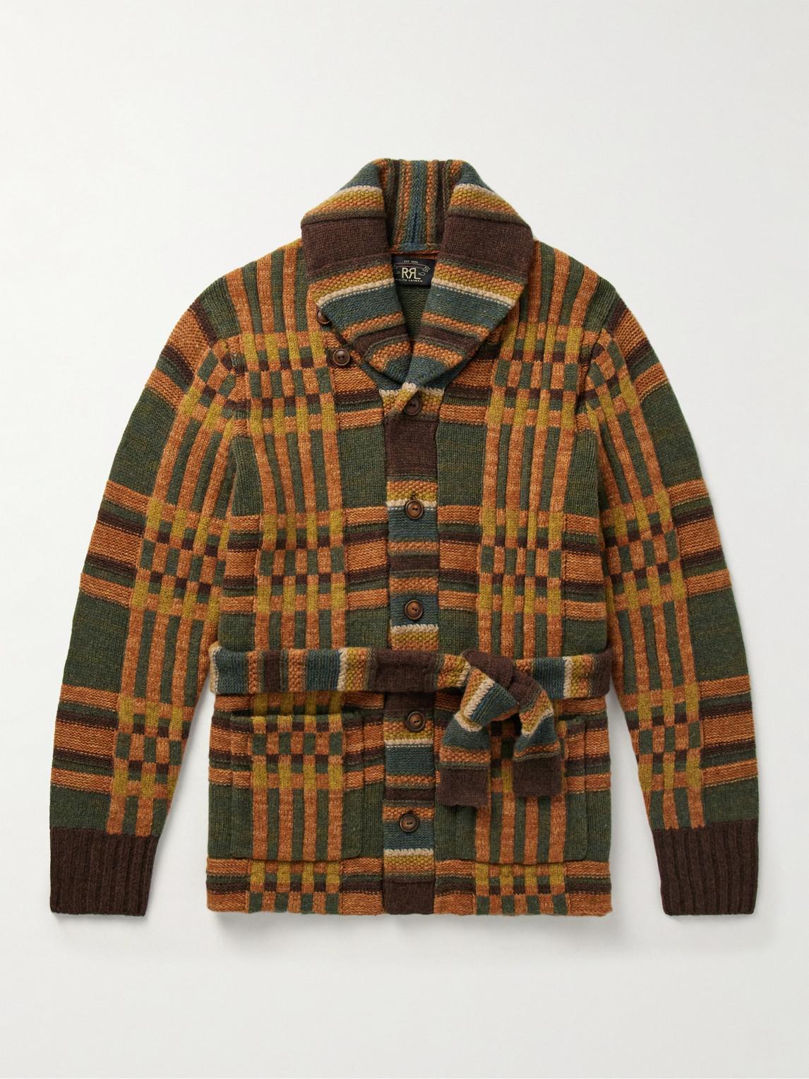 RRL Ranch Shawl-collar Belted Check Wool Cardigan in Brown for Men | Lyst UK
