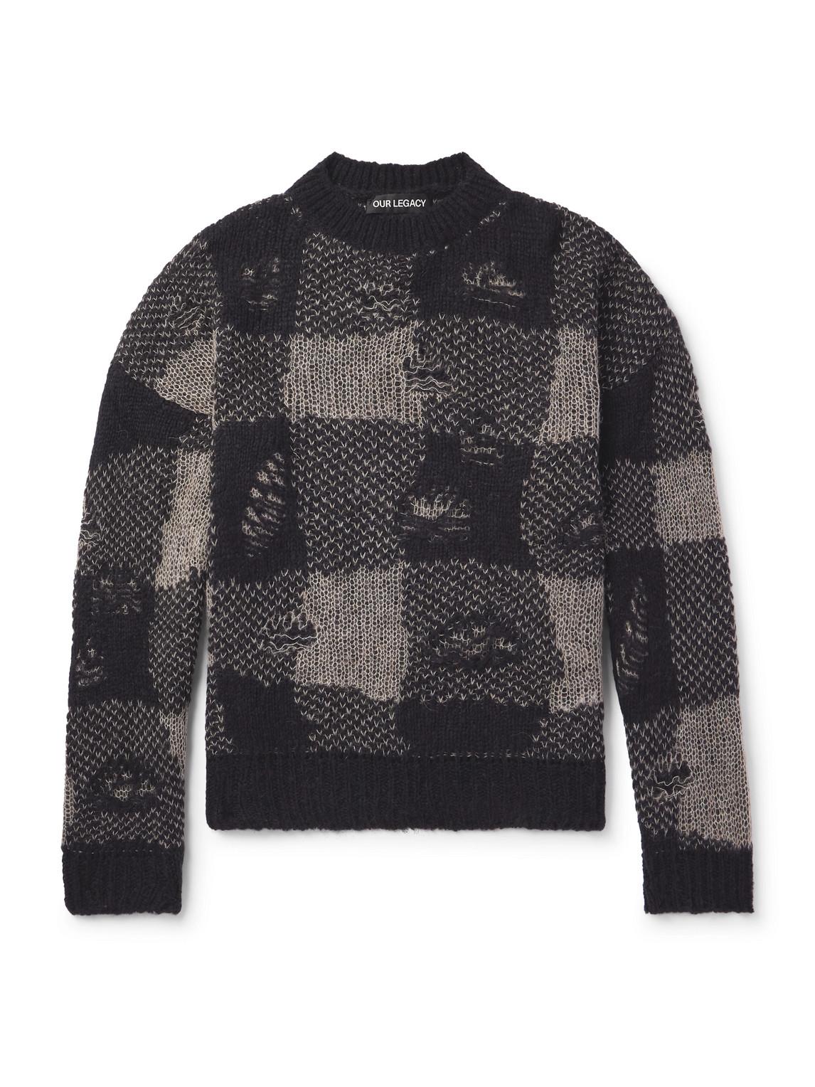 Our Legacy Sonar Distressed Checked Open-knit Sweater in Black for Men ...