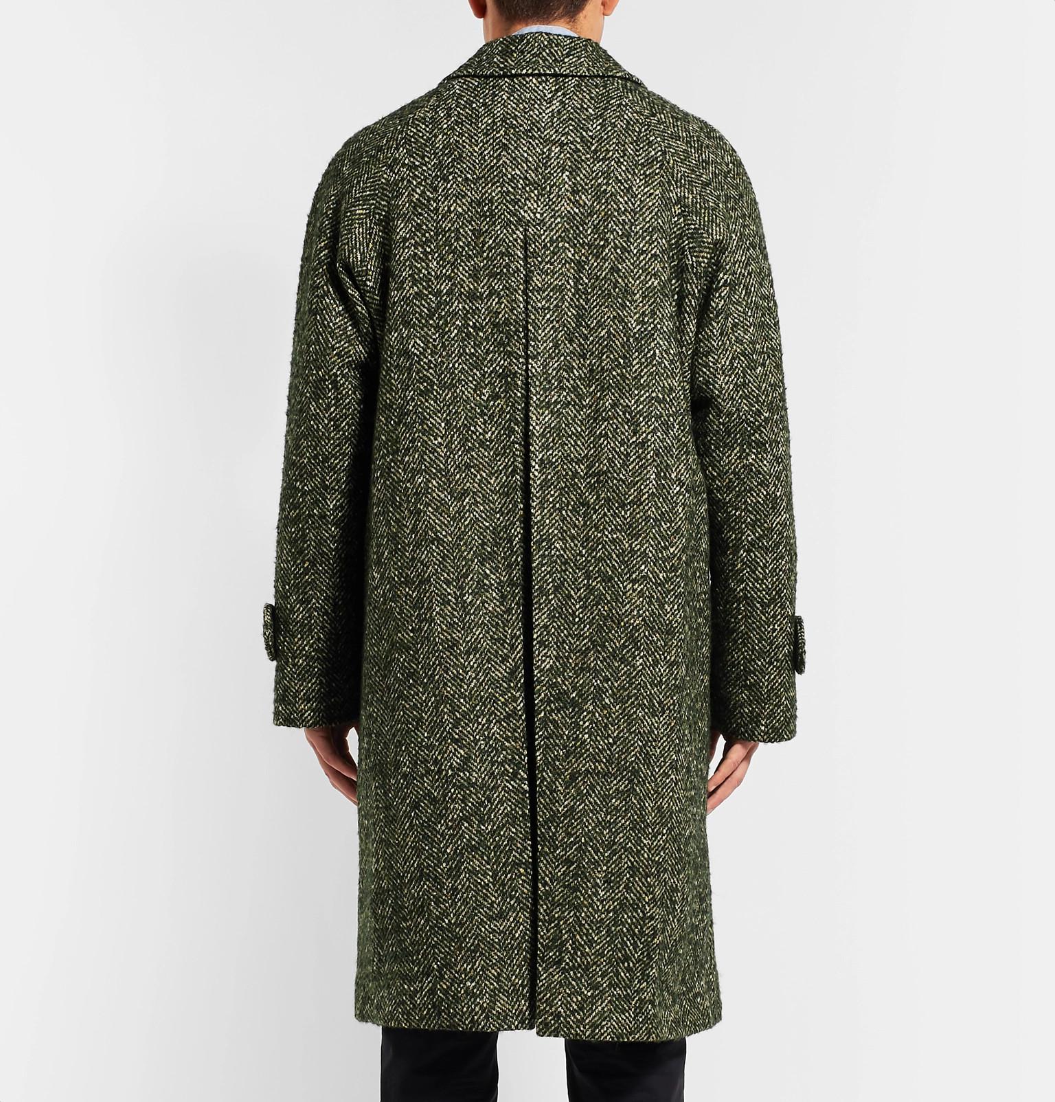 Drake's Herringbone Wool Coat in Green for Men - Lyst