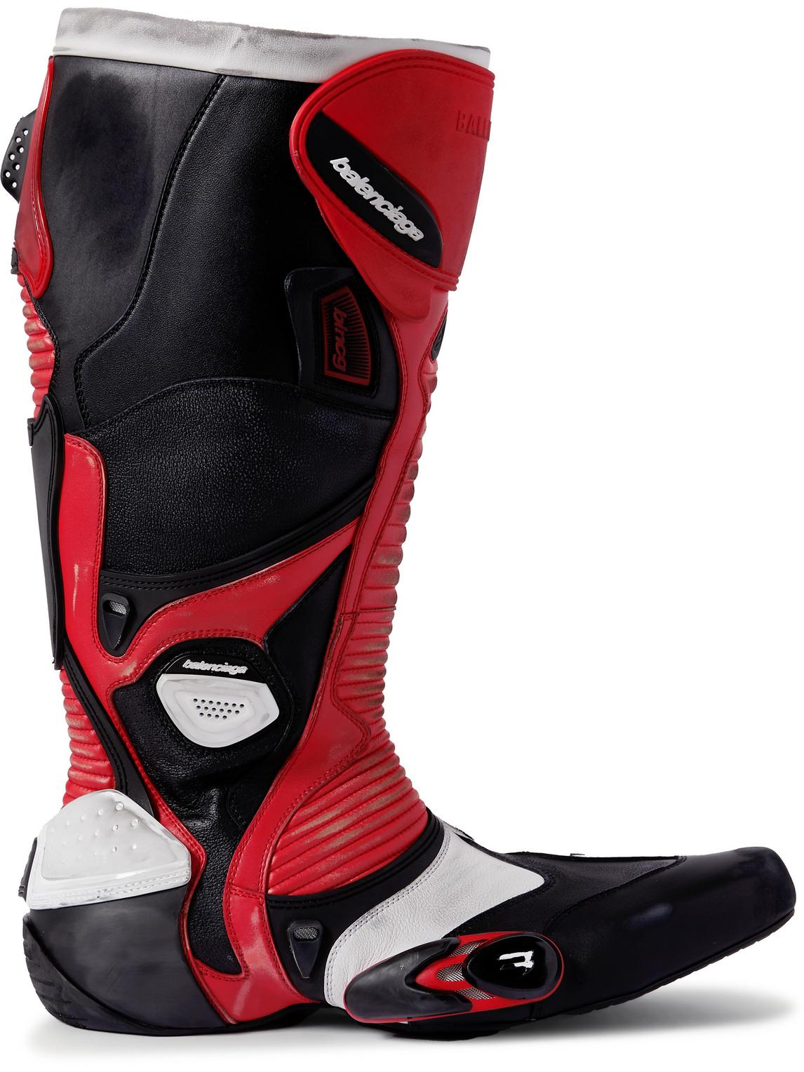 Balenciaga Distressed Panelled Leather And Rubber Boots in Red for Men ...