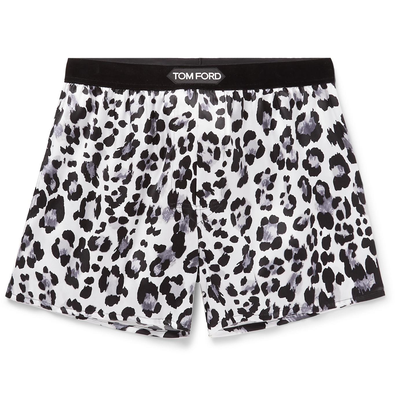 Tom Ford Velvet Trimmed Leopard Print Stretch Silk Satin Boxer Shorts