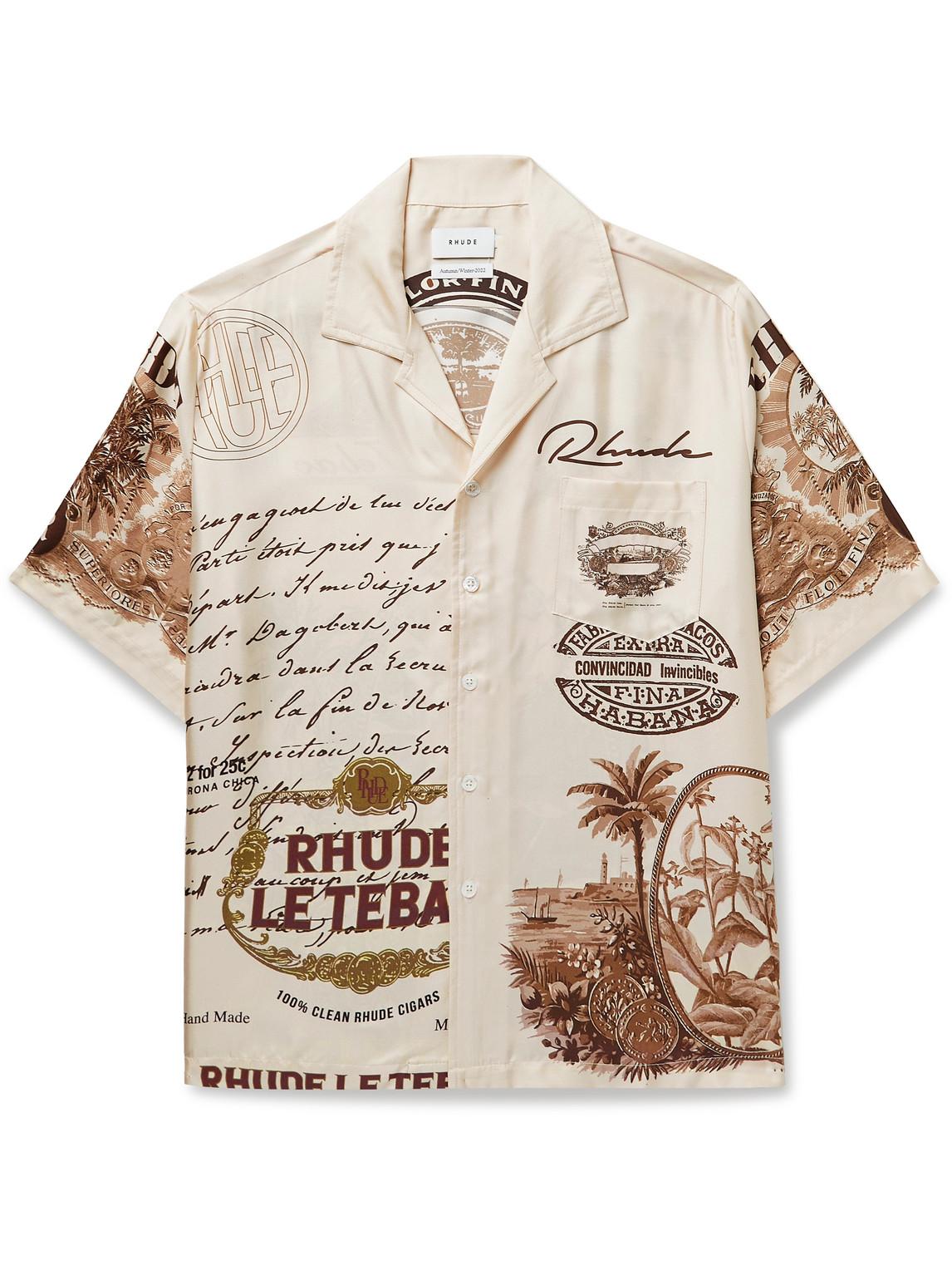 Rhude Cigar Camp-collar Printed Silk-twill Shirt in Natural for Men | Lyst
