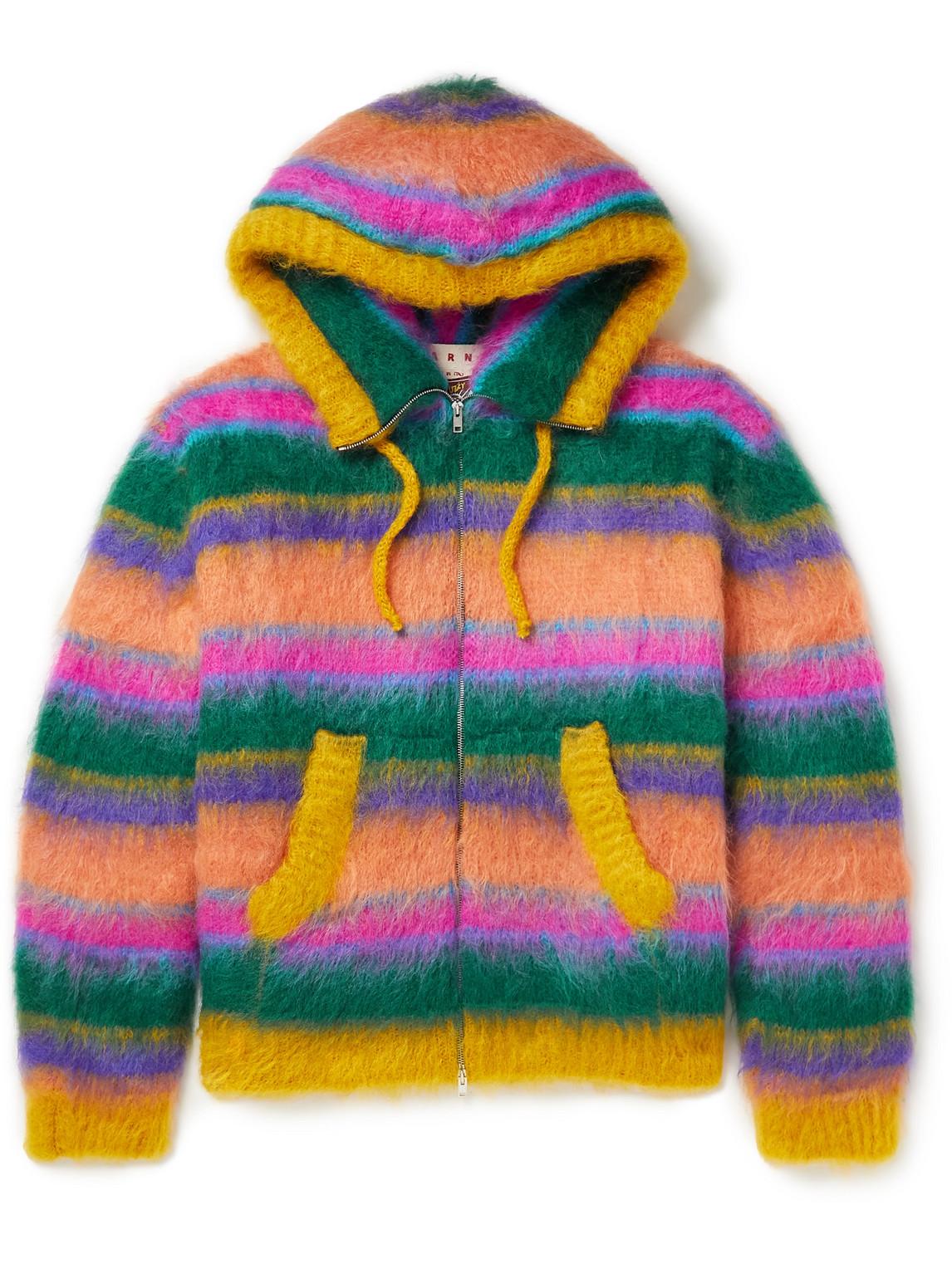 Marni Oversized Padded Striped Mohair Blend Zip Up Hoodie In Gray For