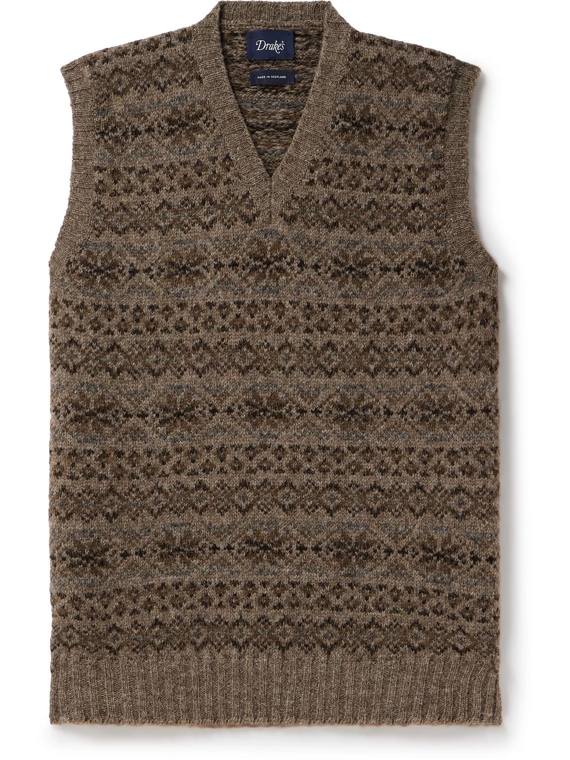 Drake's Fair Isle Wool Sweater Vest in Brown for Men | Lyst