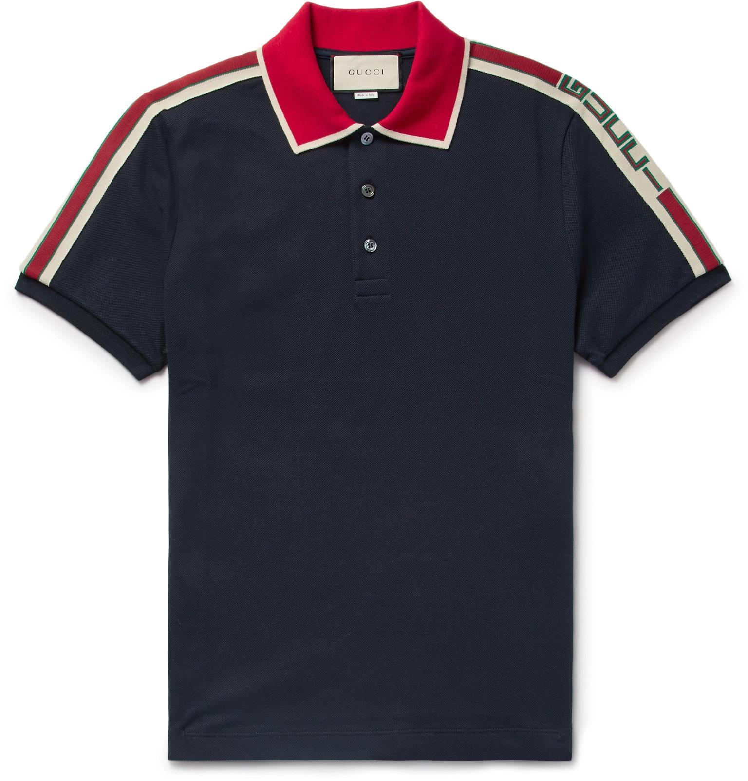 Gucci Webbing Trimmed Stretch Cotton Piqué Polo Shirt In Blue For Men