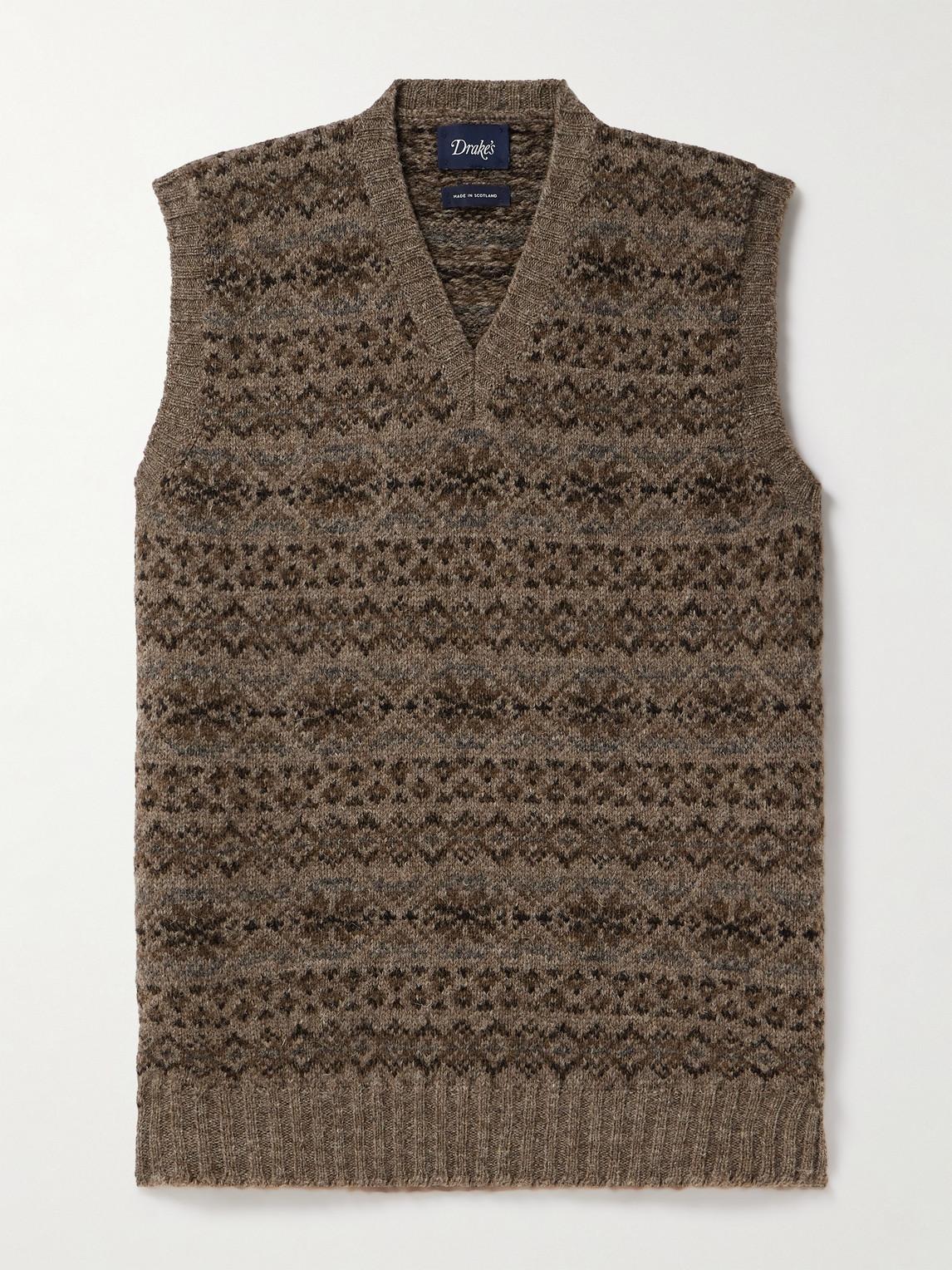 Drake's Fair Isle Wool Sweater Vest in Brown for Men | Lyst UK