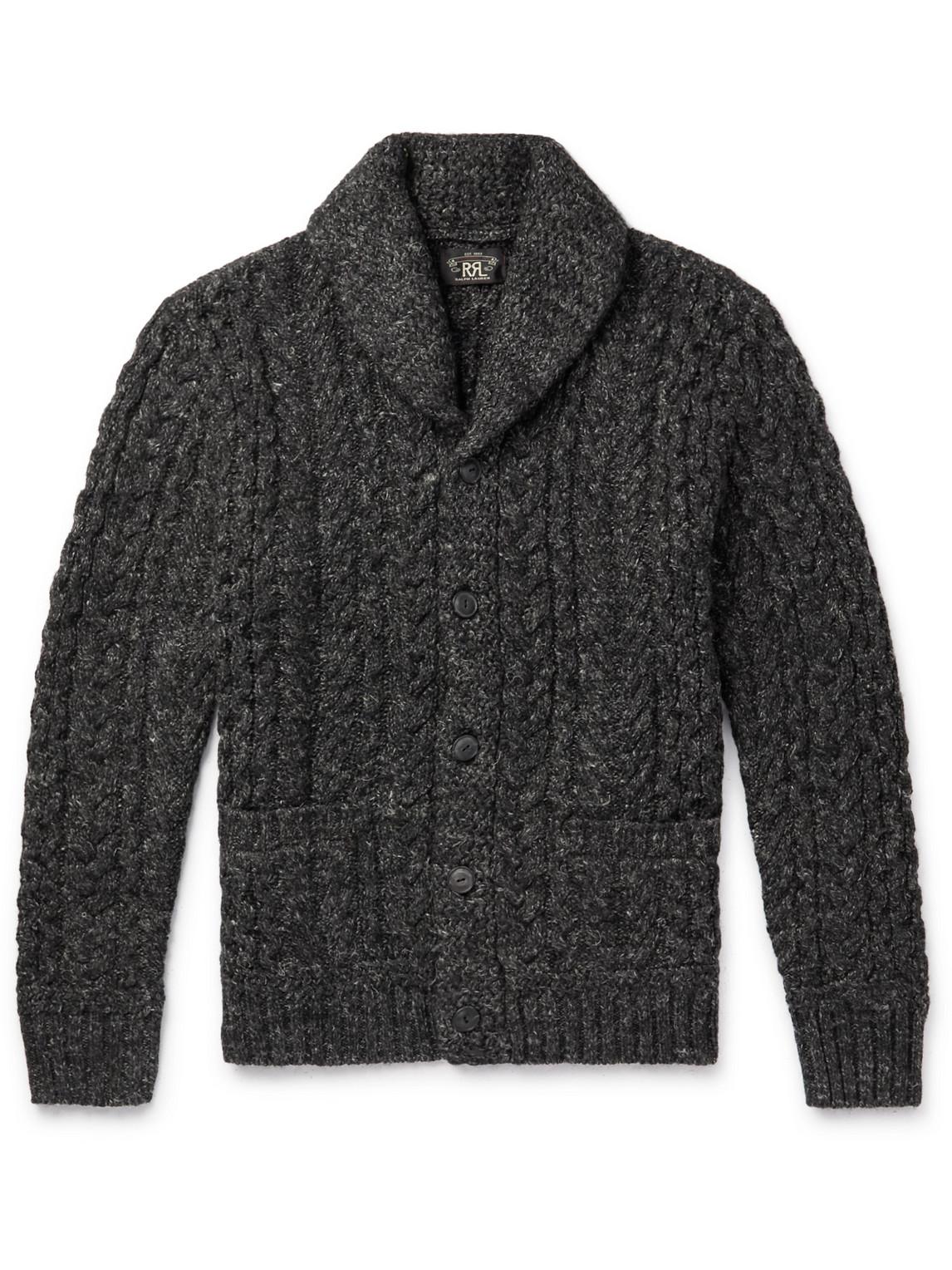 Rrl Shawl Collar Cable Knit Cotton And Linen Blend Cardigan In Gray For
