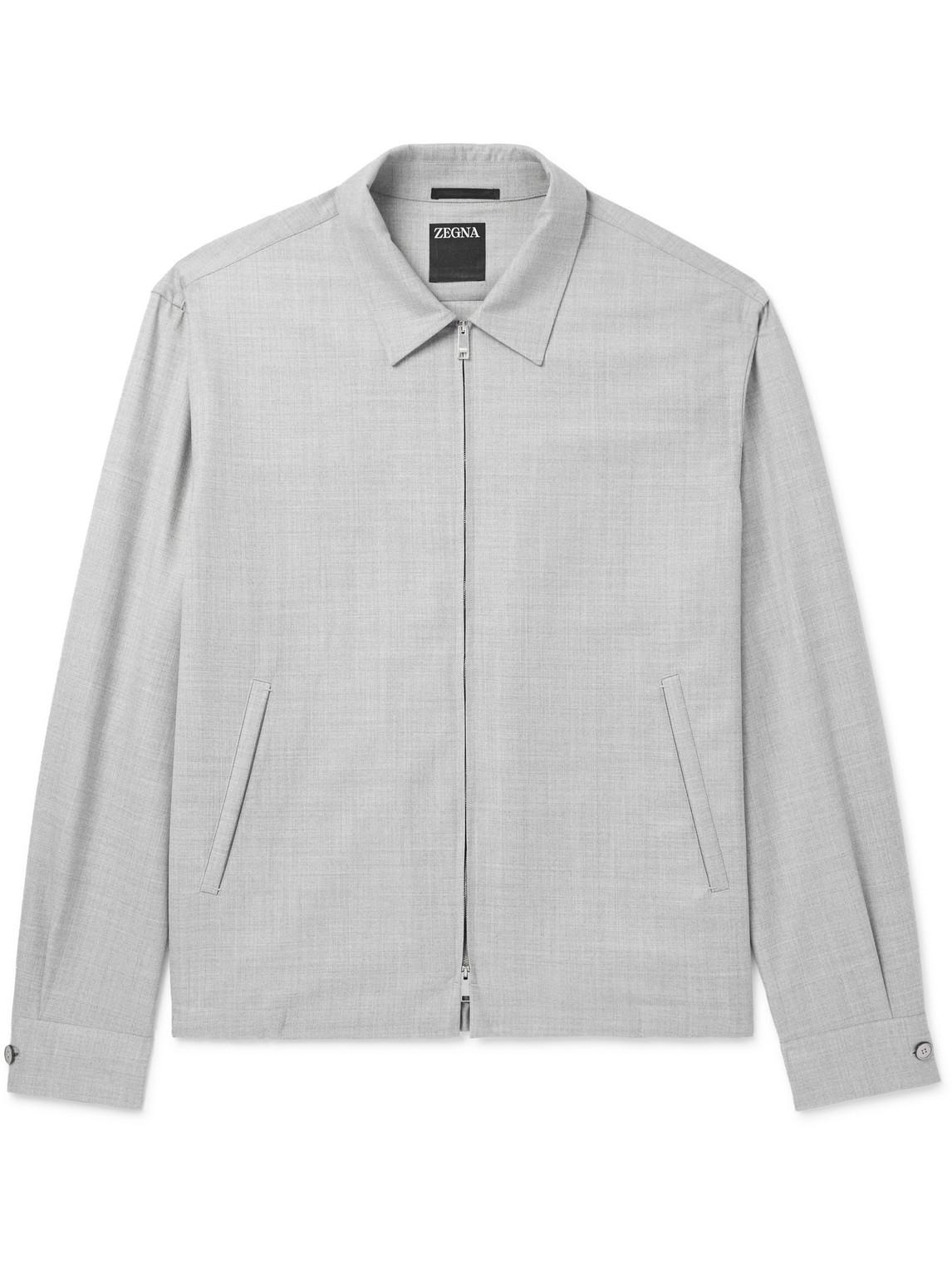 ZEGNA Logo-appliquéd Leather-trimmed Wool-gabardine Harrington Jacket ...