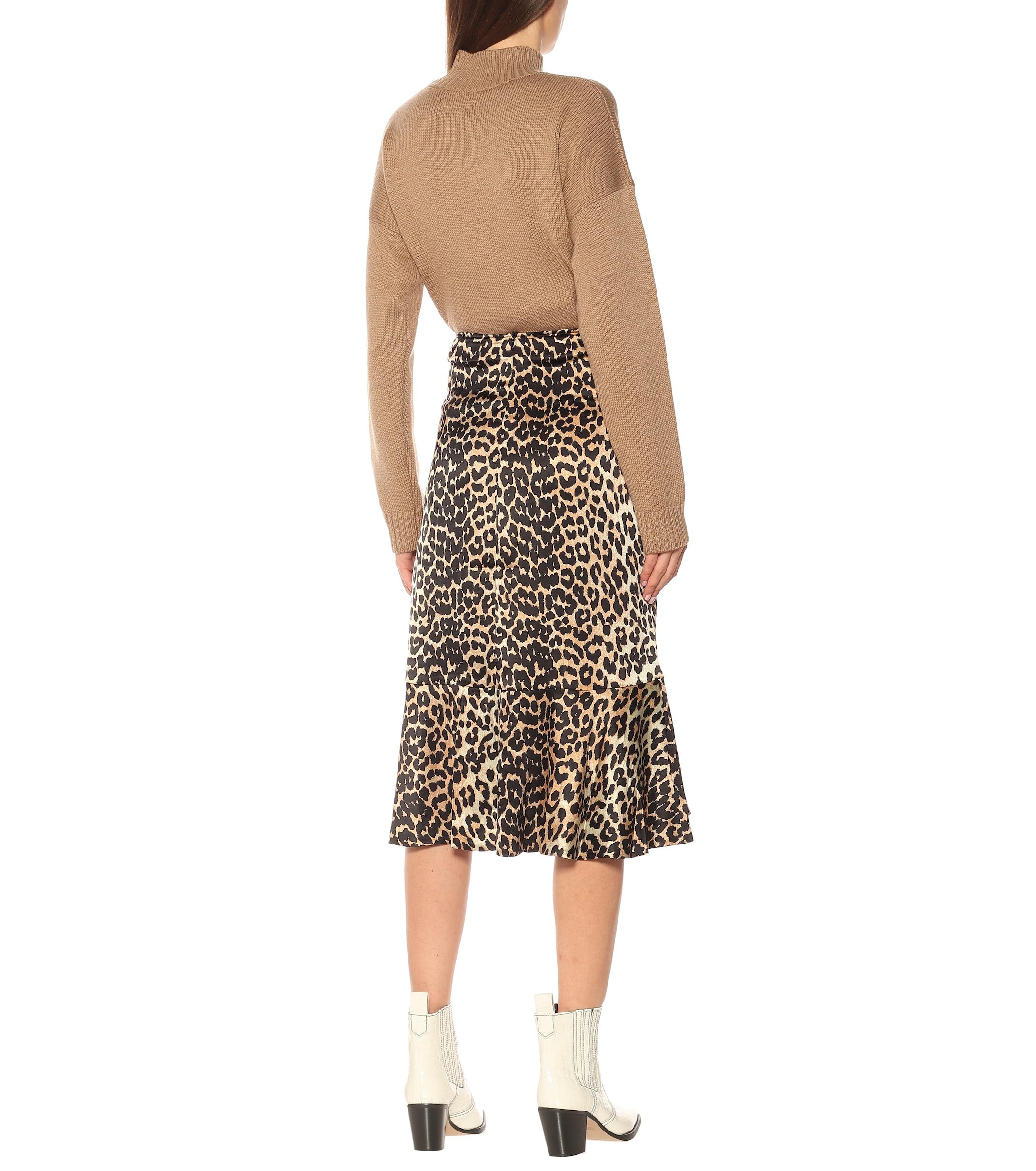 Ganni Leopard Print Stretch Silk Midi Skirt Lyst