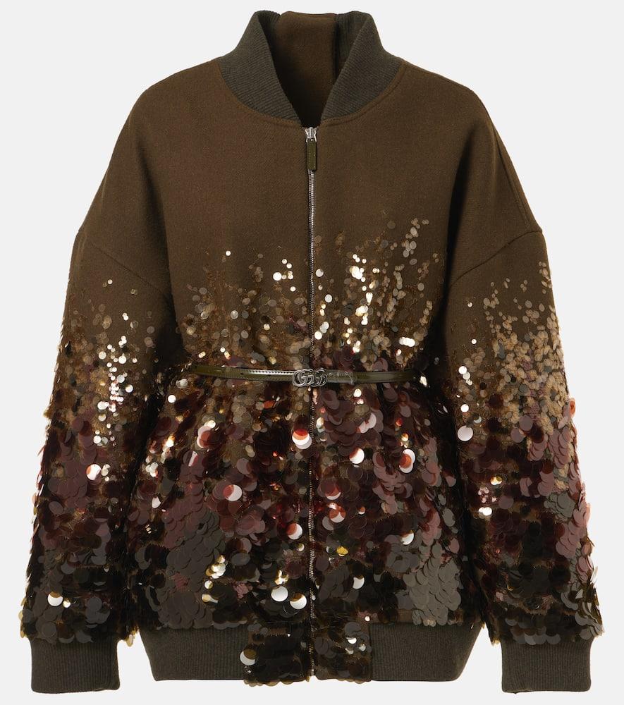 Gucci Sequined Wool Bomber Jacket in Brown | Lyst